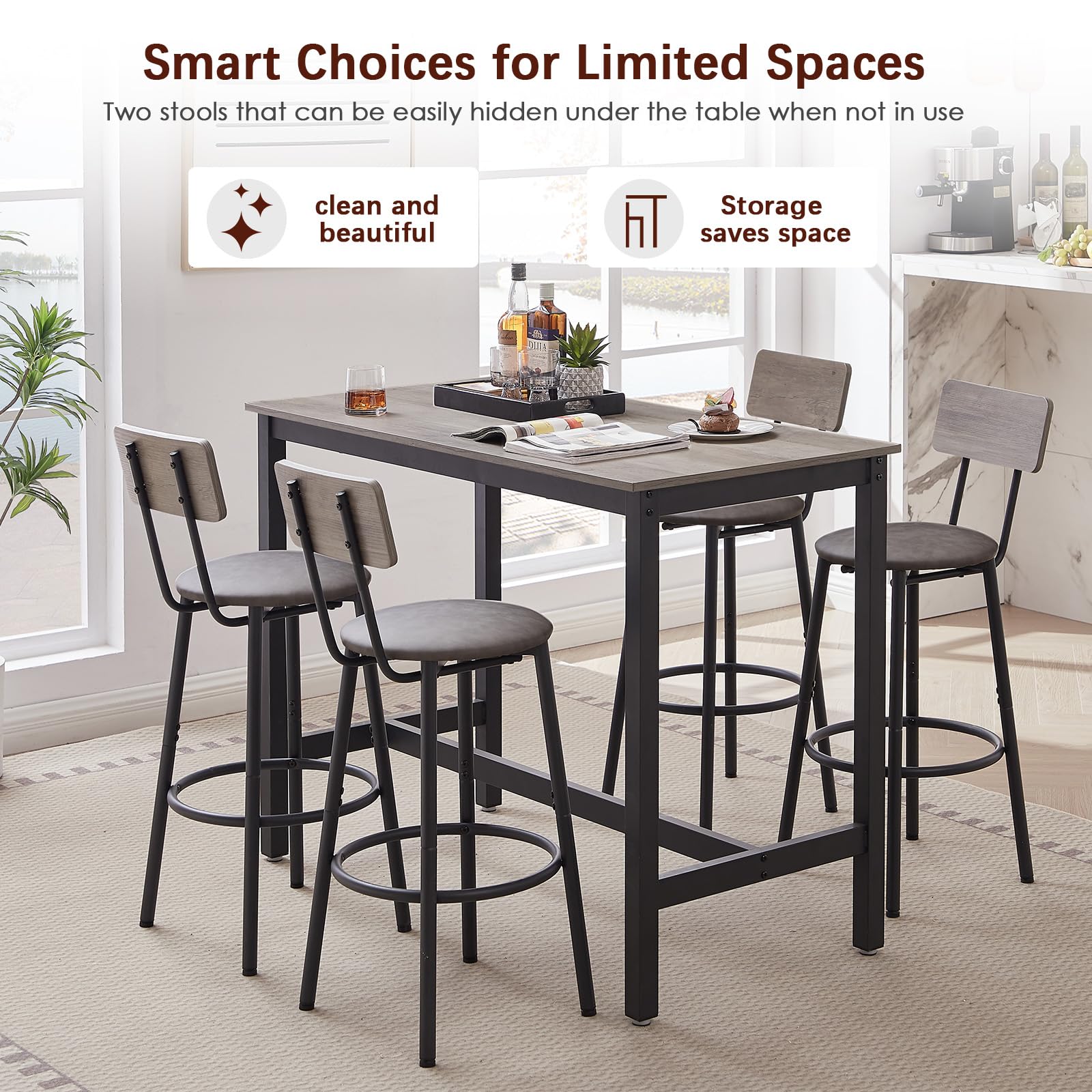 Tatub Bar Table and Chairs Set of 4, Bar Set with Stools for Kitchen, Gray