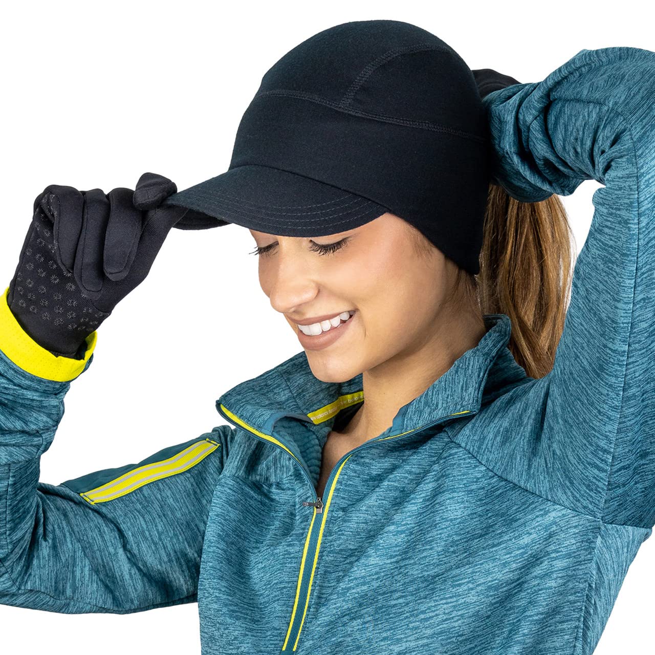 TrailHeads Women’s Ponytail Hat | Merino Wool Hat | Visor Hat | Lightweight Runner’s Hat - Black