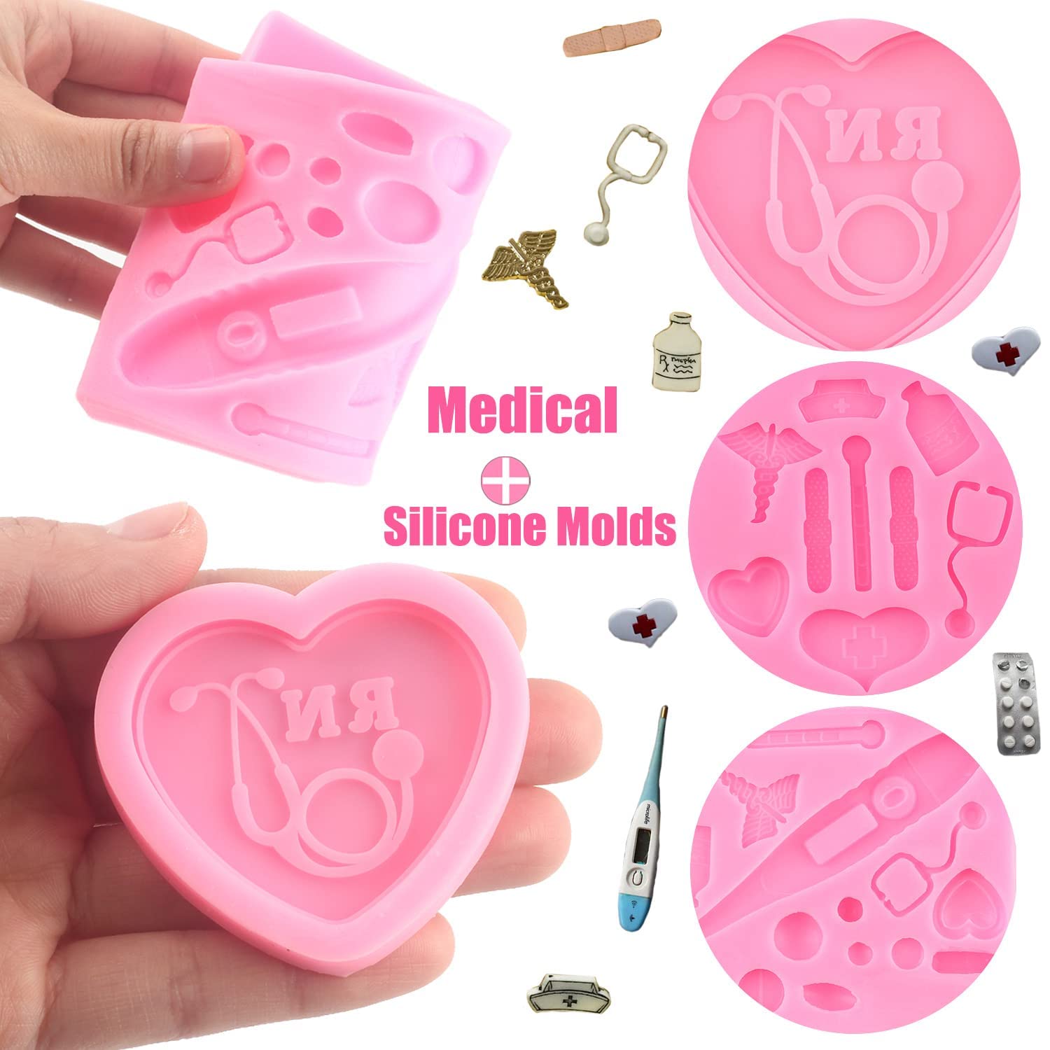 ZiXiang Medical Apparatus Tablet Silicone Molds Stethoscope Nurse Hat Fondant Molds For Cupcake Cake Topper Decoration Chocolate Candy Polymer Clay Gum Paste Set Of 3
