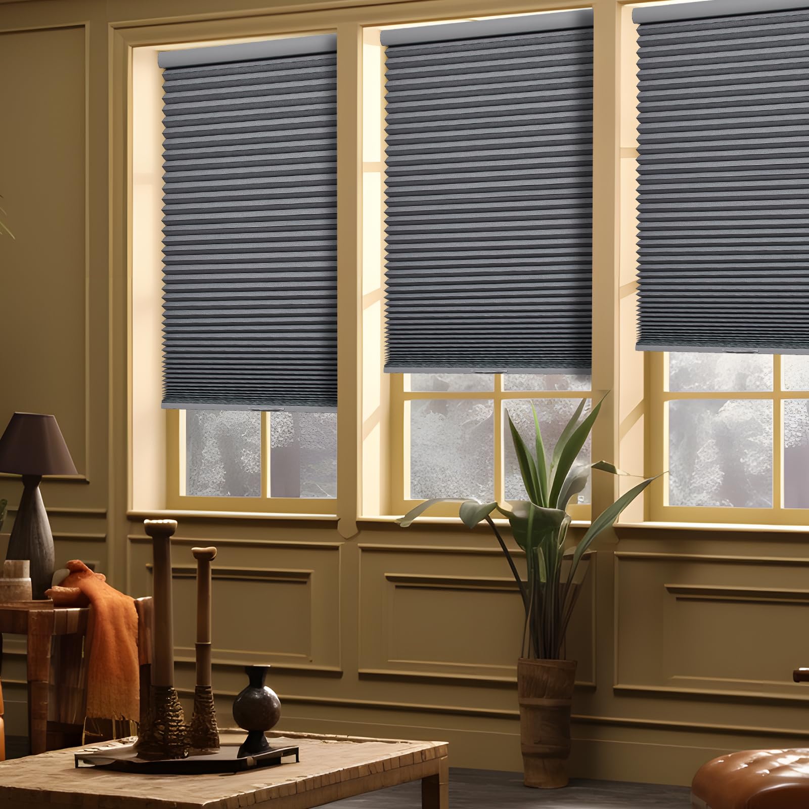 Xidamen Custom Cellular Shades Cordless Window Blinds for Home, Blackout Honeycomb Blinds, Accordion Blinds for Doors, Upgraded, Better Thermal Insulation (Dark Grey)