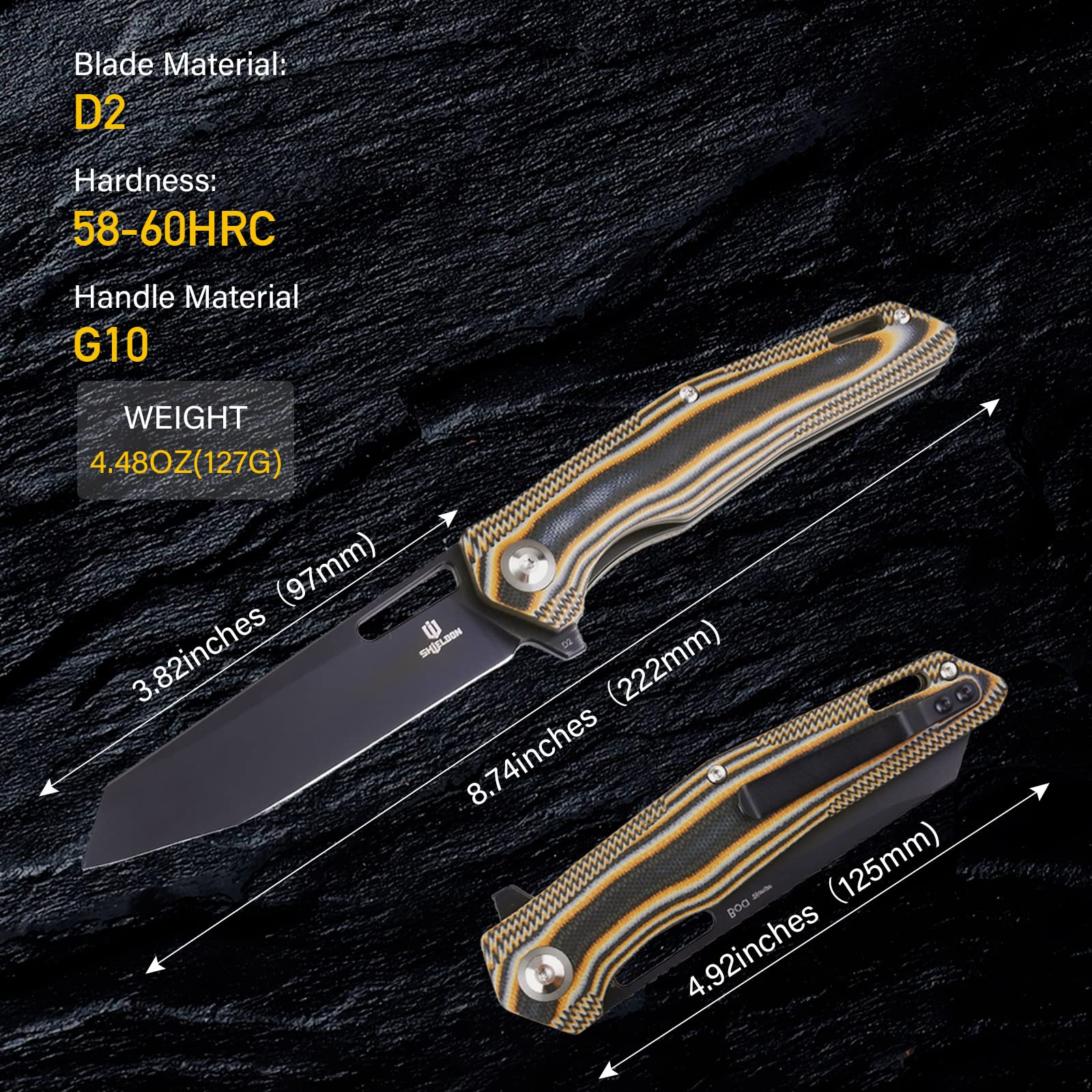 SHIELDON Boa Pocket Knife, 3.82" D2 Plain Blade with G10 Handle Folding Knife, Thumb Hole and Flipper Opener,Unique Tool Gift for Everyday Carry