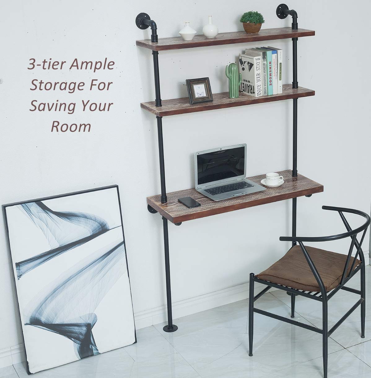 WAKI HOME Industrial Wall Laptop Desk Solid Wood Computer Desk Bookcases Storage Table with Shelves Wall Shelf Bookshelf Floating Shelves for Home Office