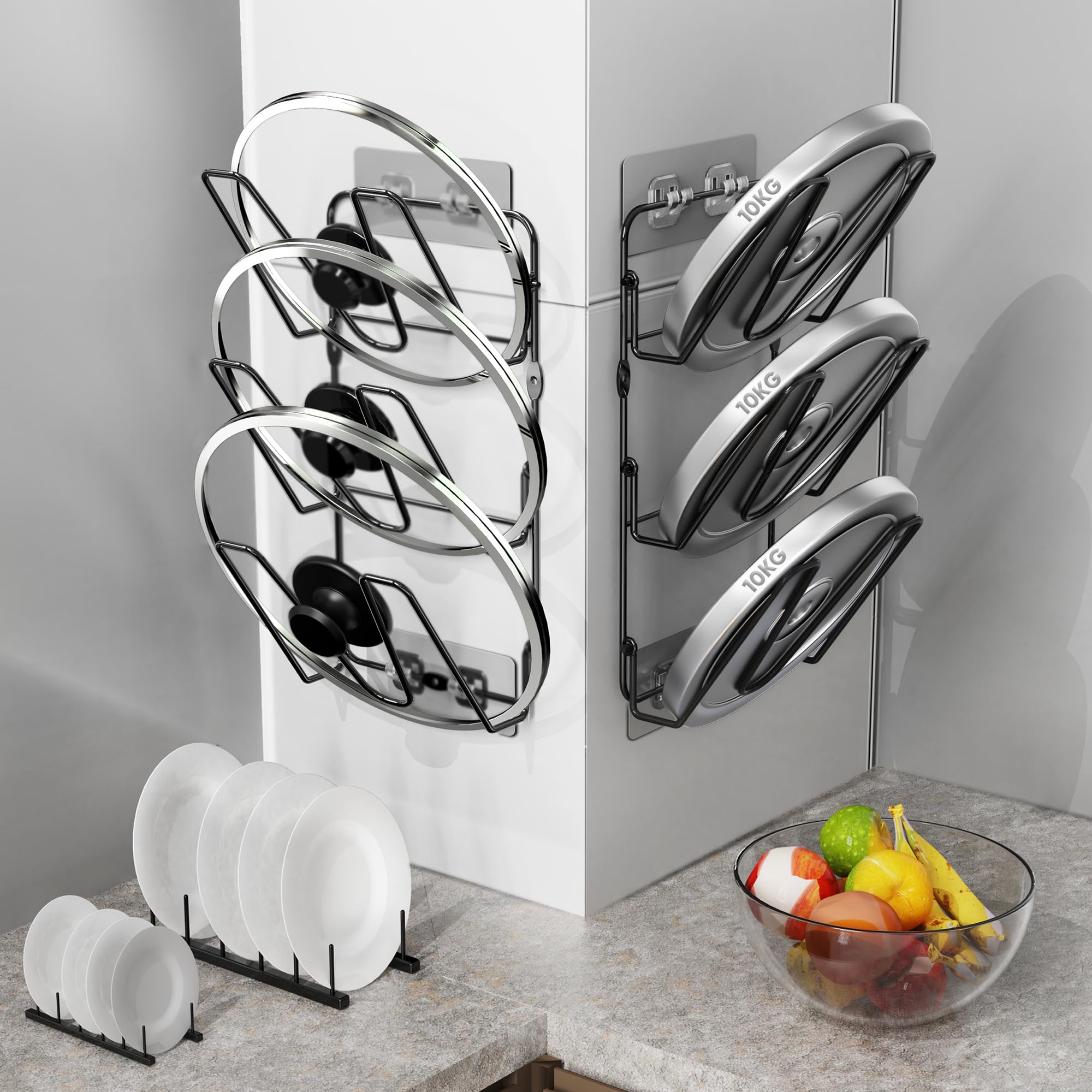YIGII 6 Tier Pot Lid Organizer/Pot Lids Holder, 2 Pack Pot Lid Rack No Drilling Lid Rack for Cabinet Door or Wall Mounted, for Kitchen Pots And Pans Cover Storage, Black