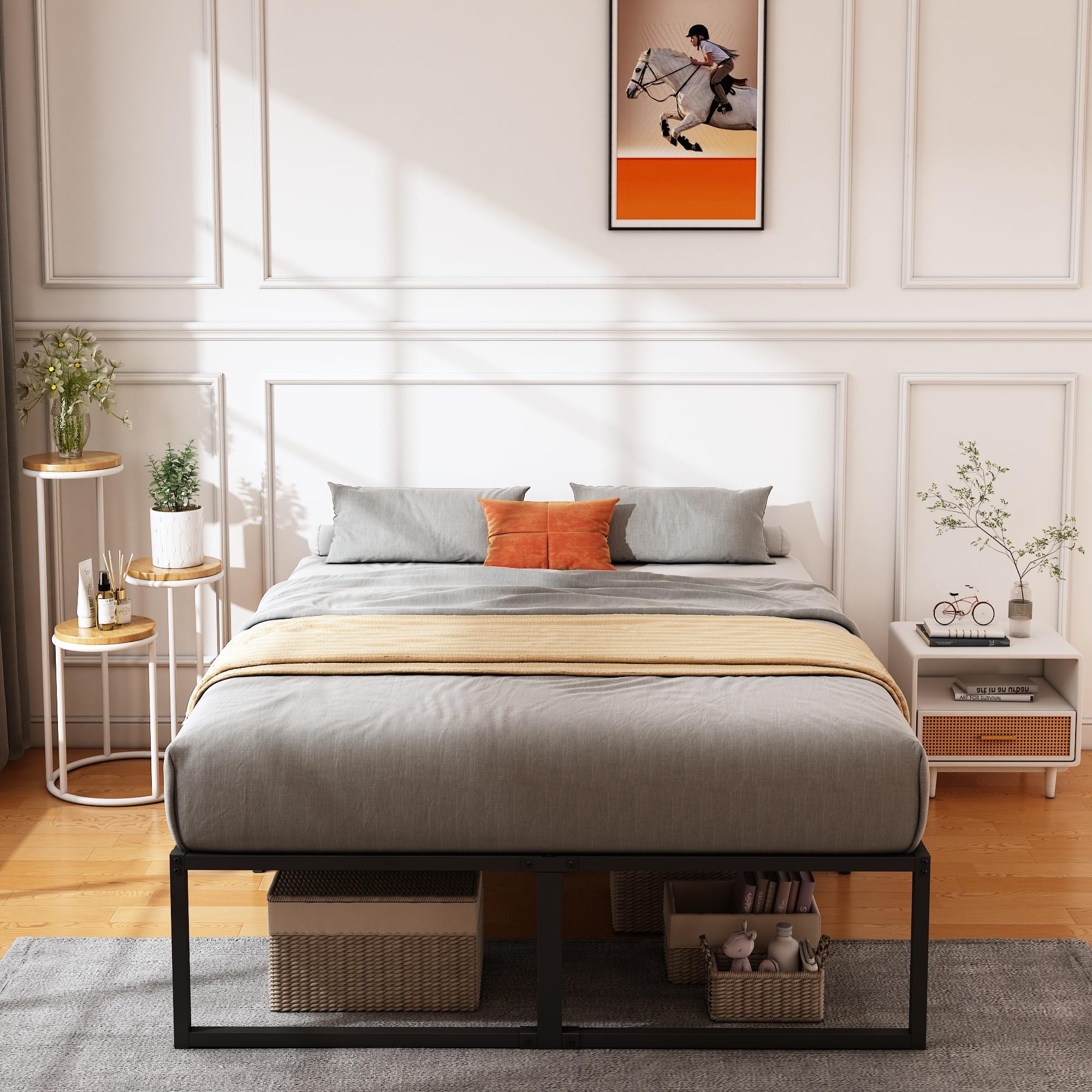 XINXINYAN 14 Inch Queen Bed Frame, No Box Spring Needed, Heavy Duty Metal Platform Queen Size Bed Frame, Strong Steel Slats Support, Noise Free, Easy Assembly, Black