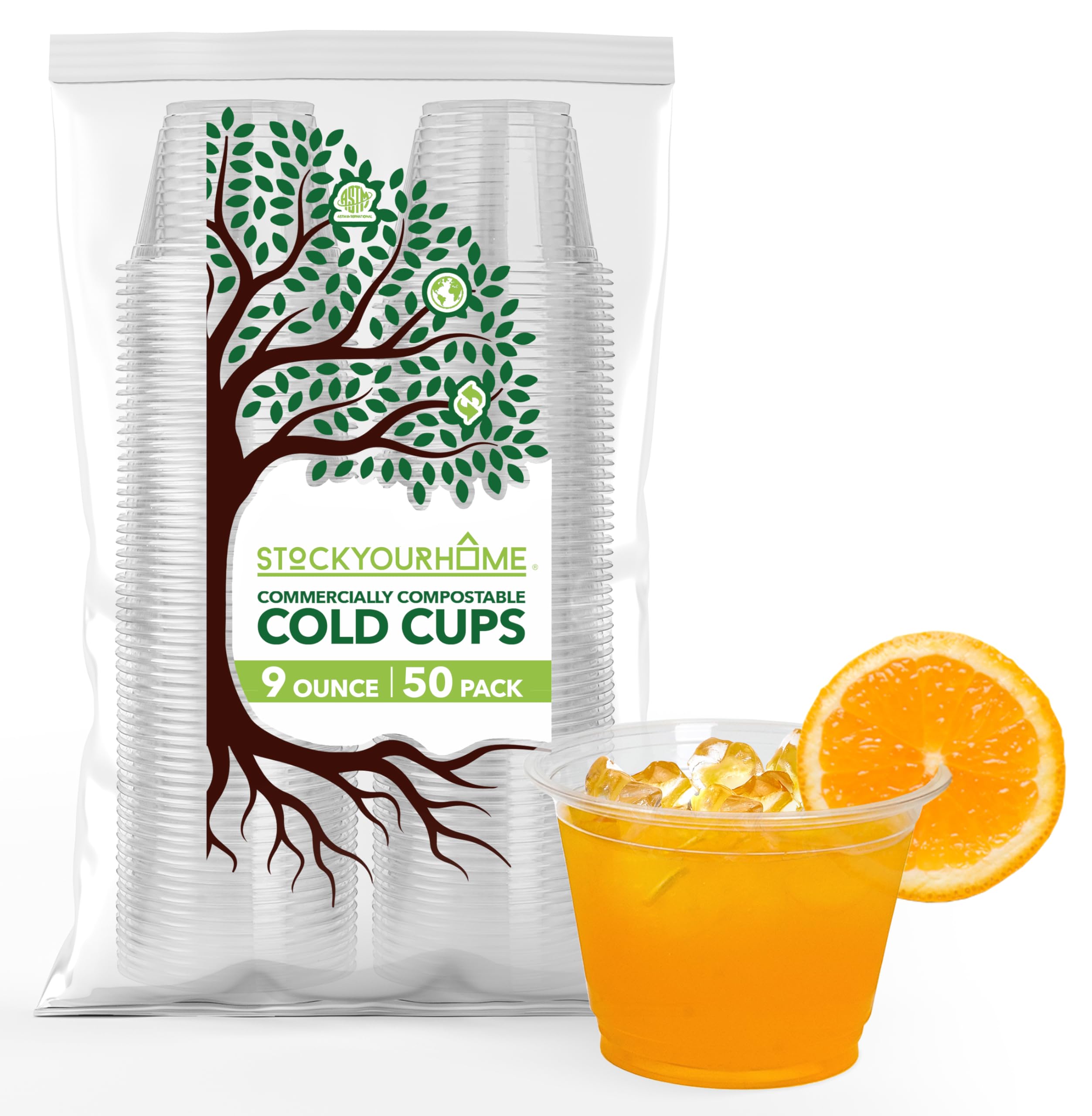 Stock Your Home 9 oz Clear Commercially Compostable Cold Cups Plant Based Eco Party Cup, Environmentally Friendly Recyclable Disposable Sustainable for Water, Wine & Beer Sample (50 Pack)