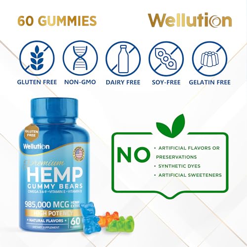 WELLUTION Hemp Gummies 985,000 High Potency - Fruity Gummy Bear with Hemp Oil. Natural Hemp Candy Supplements - Nutritional Value & Great Taste