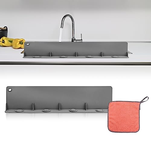 Xuezoioy Kitchen Sink Splash Guard,Gray Silicone Water Splash Guard for Kitchen 4x17 inches Sink Splash Guard with Suction Cup and Microfiber Cloth for Kitchen,Bathroom