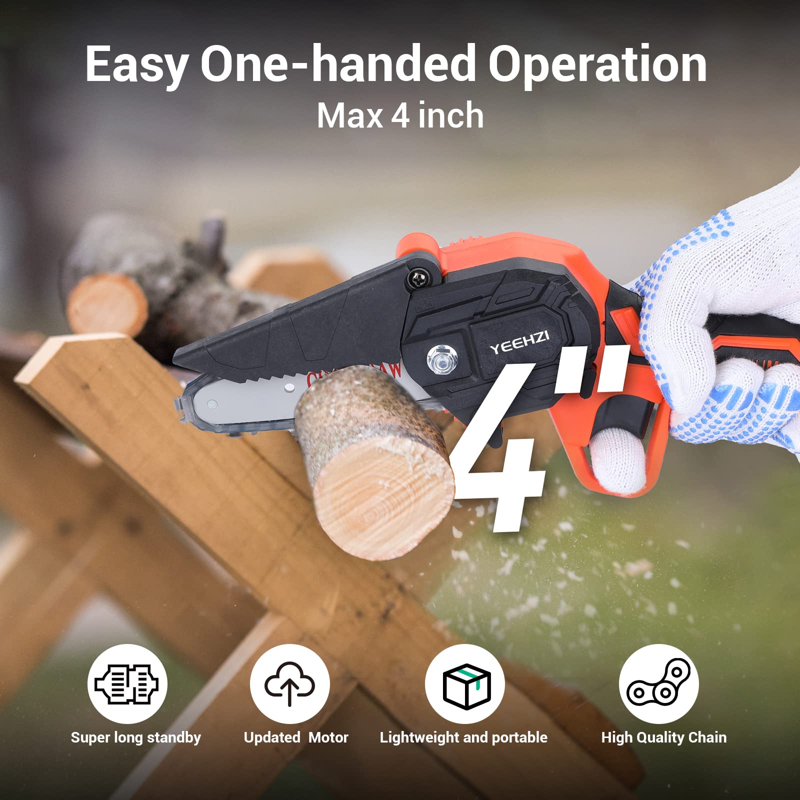 YEEHZI Mini Chainsaw 4 Inch Upgrade Electric Chainsaw Cordless Mini Chainsaw Battery Powered with DC21V 2.4lb Chainsawavailable power chain saws for Trimming Wood Cutting Branch
