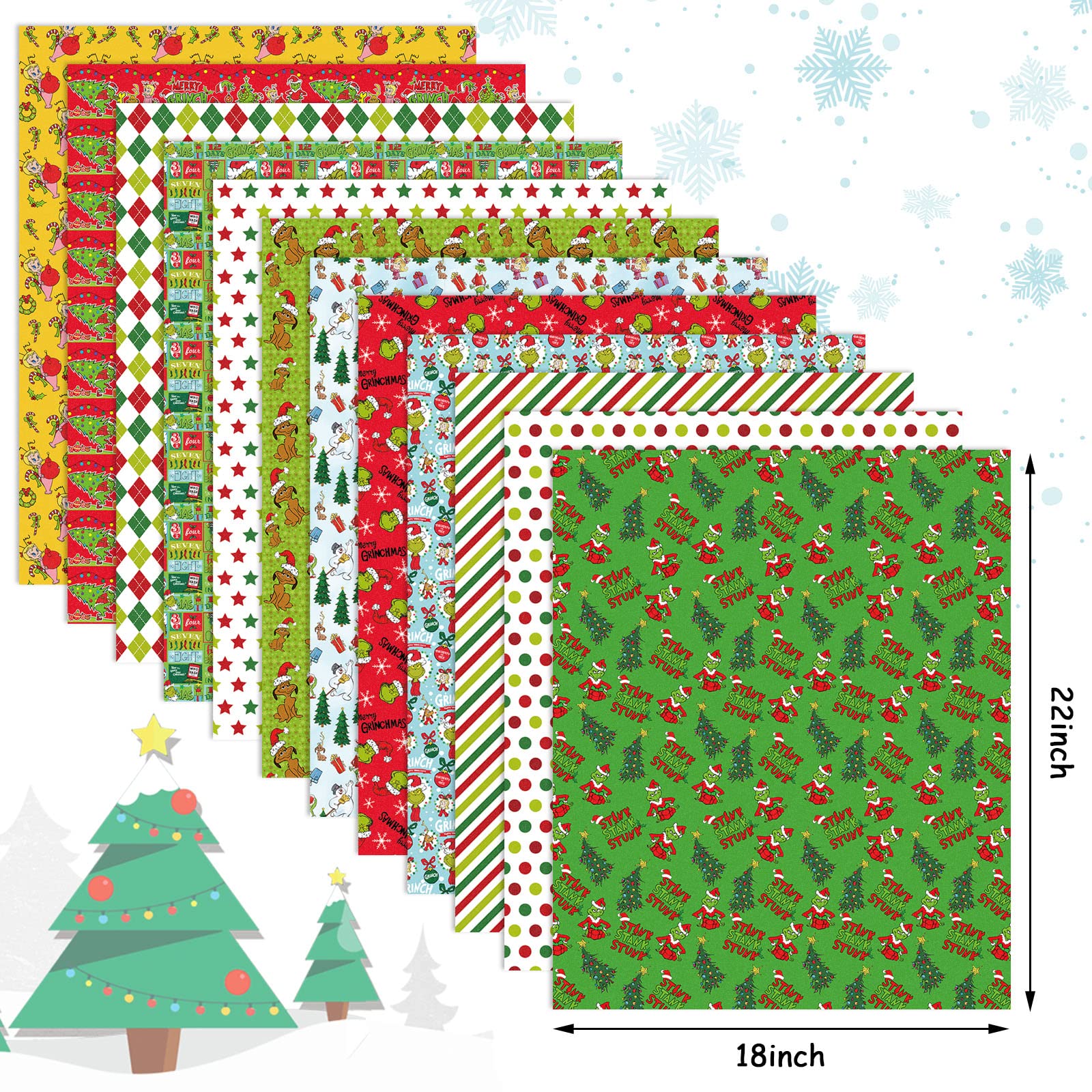 Whaline 12Pcs Christmas Fabric Fat Quarters Cartoon DIY Craft Decorative Fabric Bundles 12 Different Quilting Patchwork Square Fabric for DIY Xmas Handmade Gift Patchwork Sewing Crafting, 18" x 12"