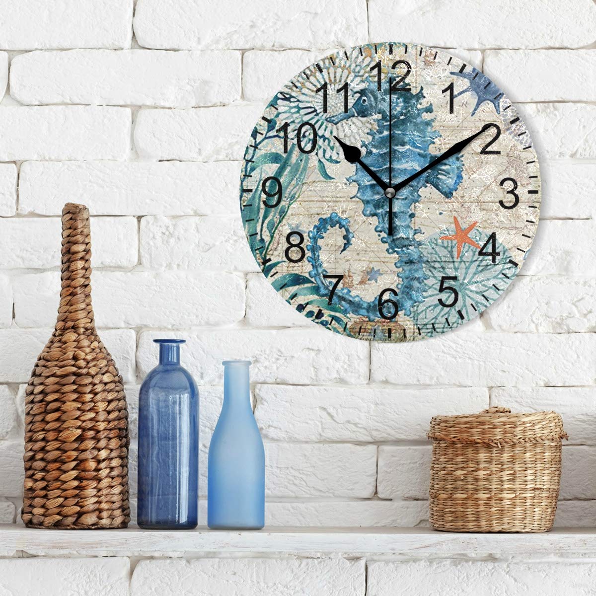Wamika Wall Clock Ocean, Silent Non-Ticking, 10 Inch Battery Operated Quartz Analog Clock, Nautical Blue Map Sea Life Design, Easy to Read, Ideal for Home, Office, School