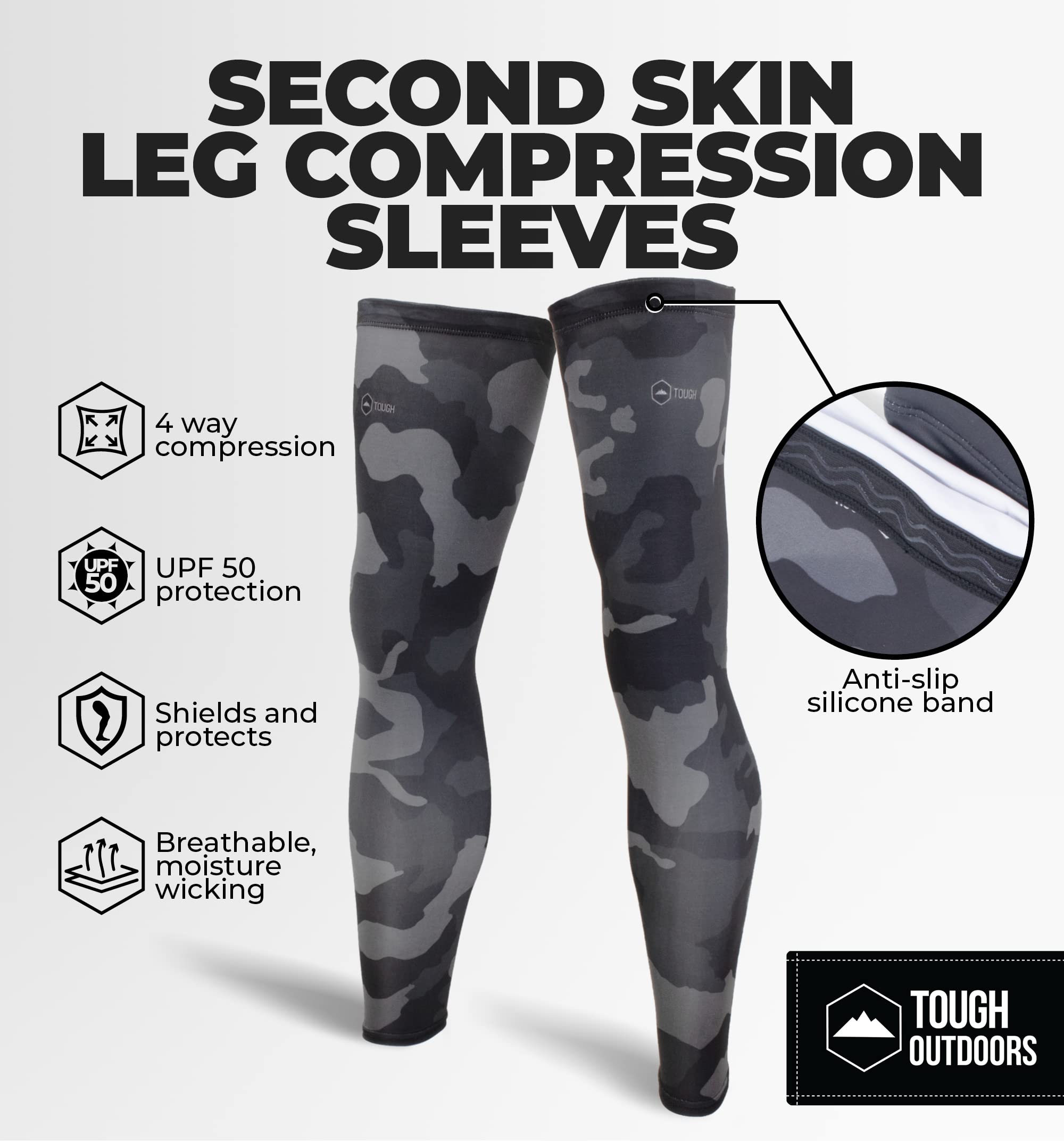 Tough Outdoors Compression Leg Sleeves - Full Leg Compression Sleeve for Men & Women, UV Leg Sleeves, Cycling Leg Warmers