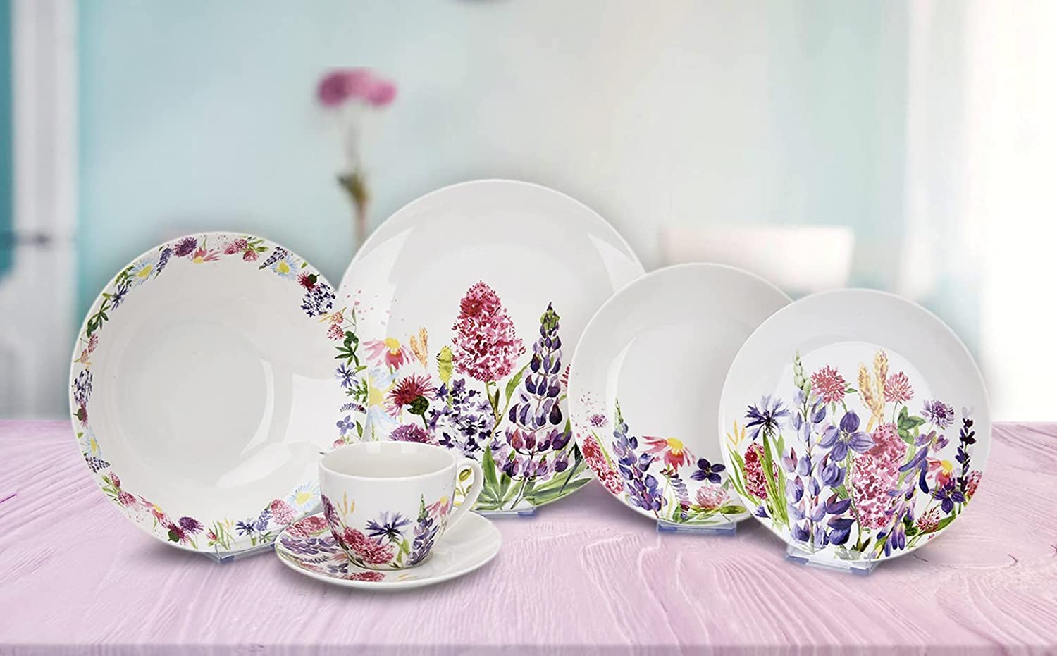 STP Porcelain J-217520 Dinnerware Set for 4, Lavender Fields, Bone China Porcelain, Dinner Plates, Bowls, Dessert Plates, Cups with Saucer, 20 pcs