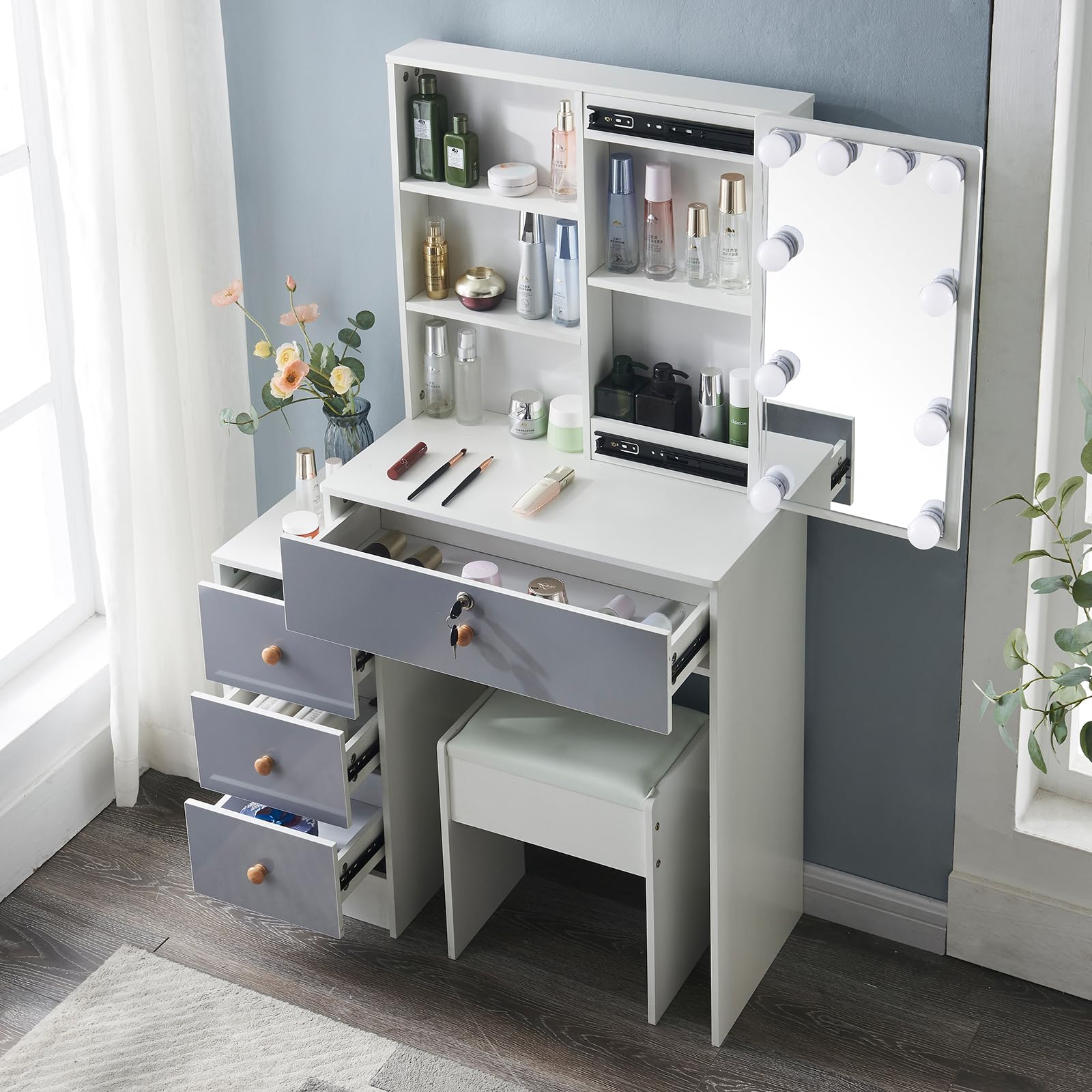 White Vanity with Lights and Mirror, Vanity Set Dressing Table with Drawers and Stool, Shelves Makeup Vanity Desk for Bedroom
