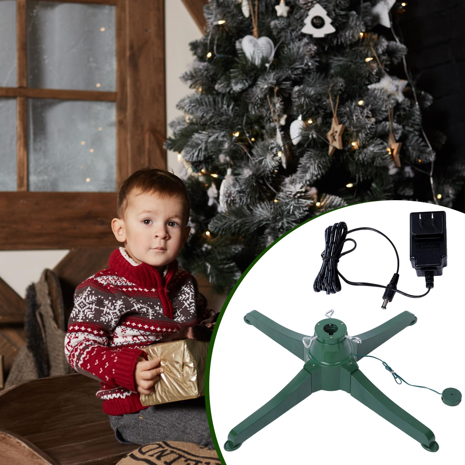 Xuhal 360 Degree Rotating Christmas Tree Stand Artificial Christmas Tree Stand Revolving Tree Spinner Stand Green Xmas Tree Base with Power Supply Adapter (25.98'', for Up to 7.5ft and 80 Pounds Tree)