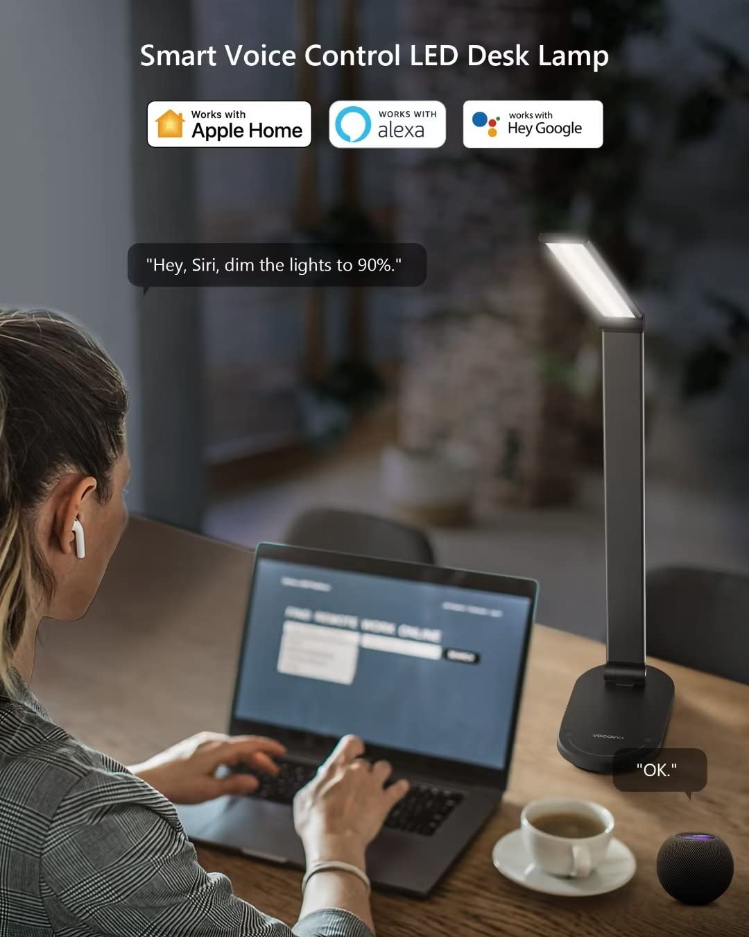 VOCOlinc LED Desk Lamps for Home Office, Voice Control Desk Light with Multiple Lighting Modes, Stepless Dimming, Table Light with APP Control, Wireless Charger, Work with Alexa Siri Google