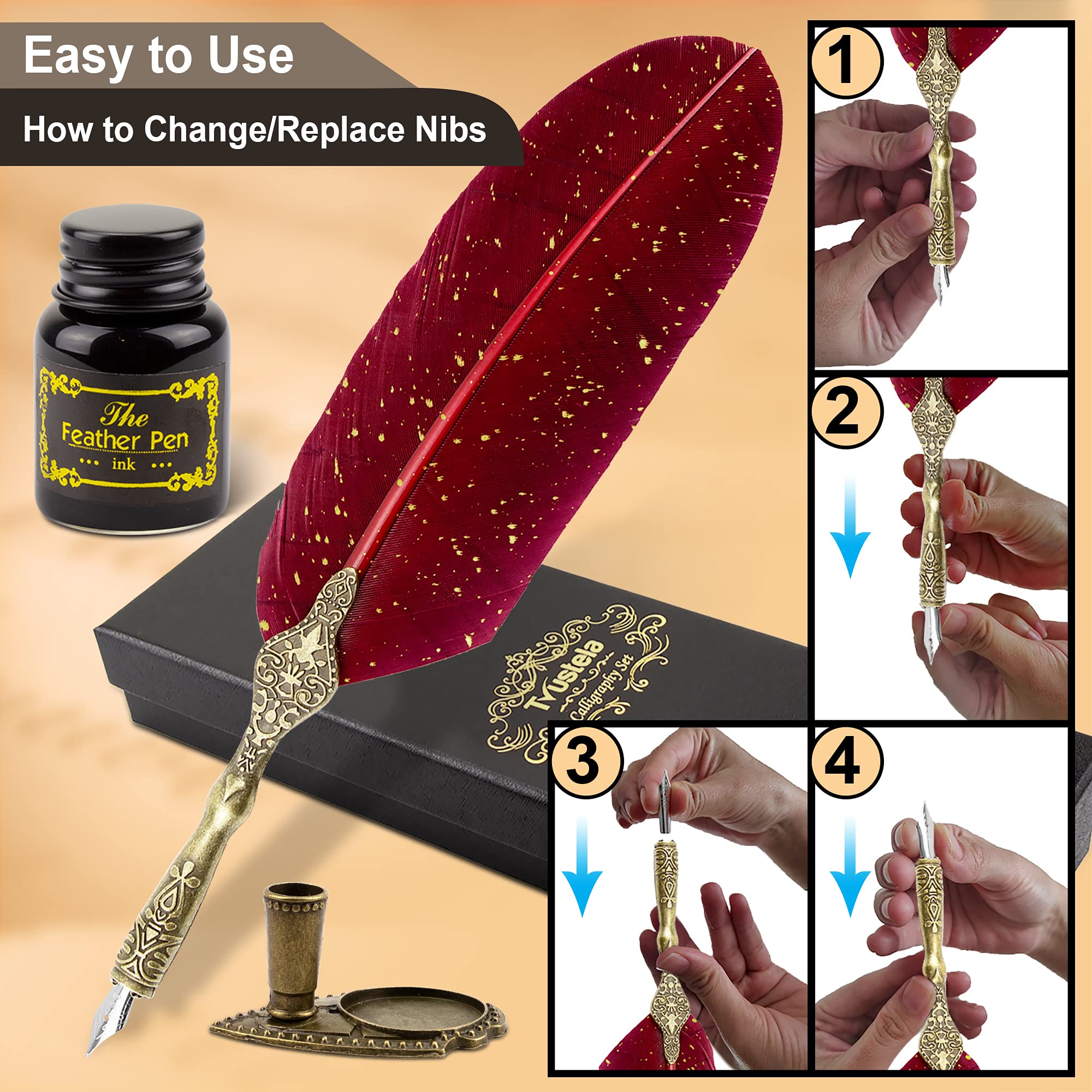 Trustela Calligraphy Pen Set, Feather Pen, Calligraphy Pen Set, Quill And Ink Set, Calligraphy Set For Beginners, Feather Pen And Ink Set, Quill Pen And Ink Set, Quill Pen (RedFeather)
