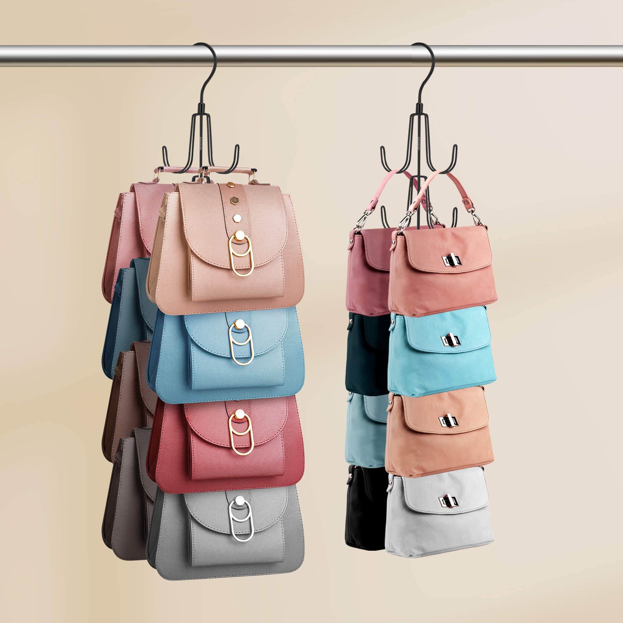 ZEDODIER Purse Hanger Organizer for Closet, 2 Pack Rotatable Hanging Bag Holder, Keeping Purses Visible and in Good Condition, Metal Handbag Storage Hook Backpack Rack Space Saving Hanger, Black