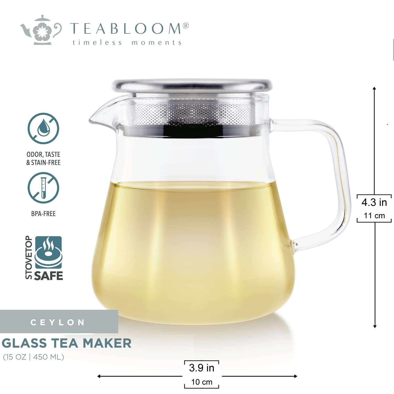Teabloom One-Touch Tea Maker, 2-in-1 Teapot and Kettle with Stainless Steel Filter Lid for Loose Tea β Stain-free Borosilicate Glass Tea Pot (15 Oz) β Tea Connoisseur's Choice