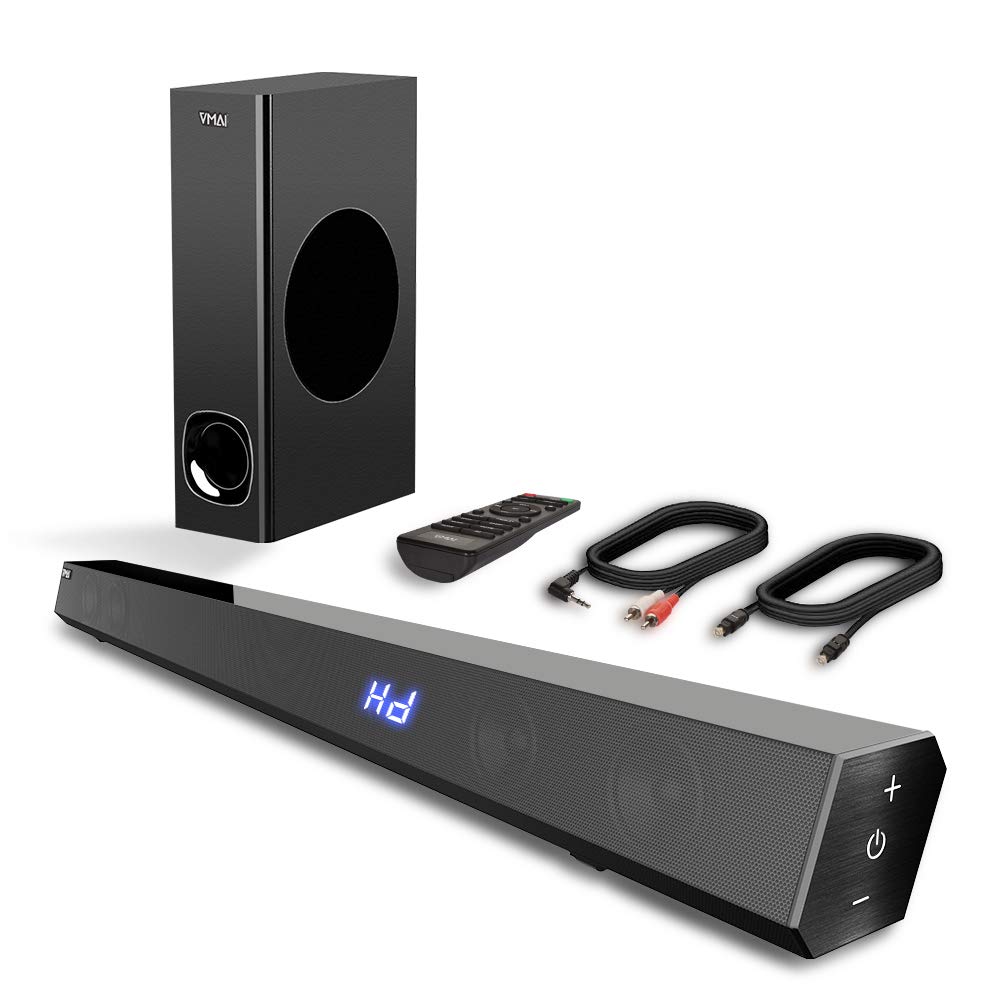 VMAI 2.1 Sound Bar with Subwoofer, 120W, Bluetooth 5.0, HDMI/Optical/Auxiliary/USB, Jet Black, 34 Inch, Wall Mountable, Bass Adjustable Surround Sound for Home Theater