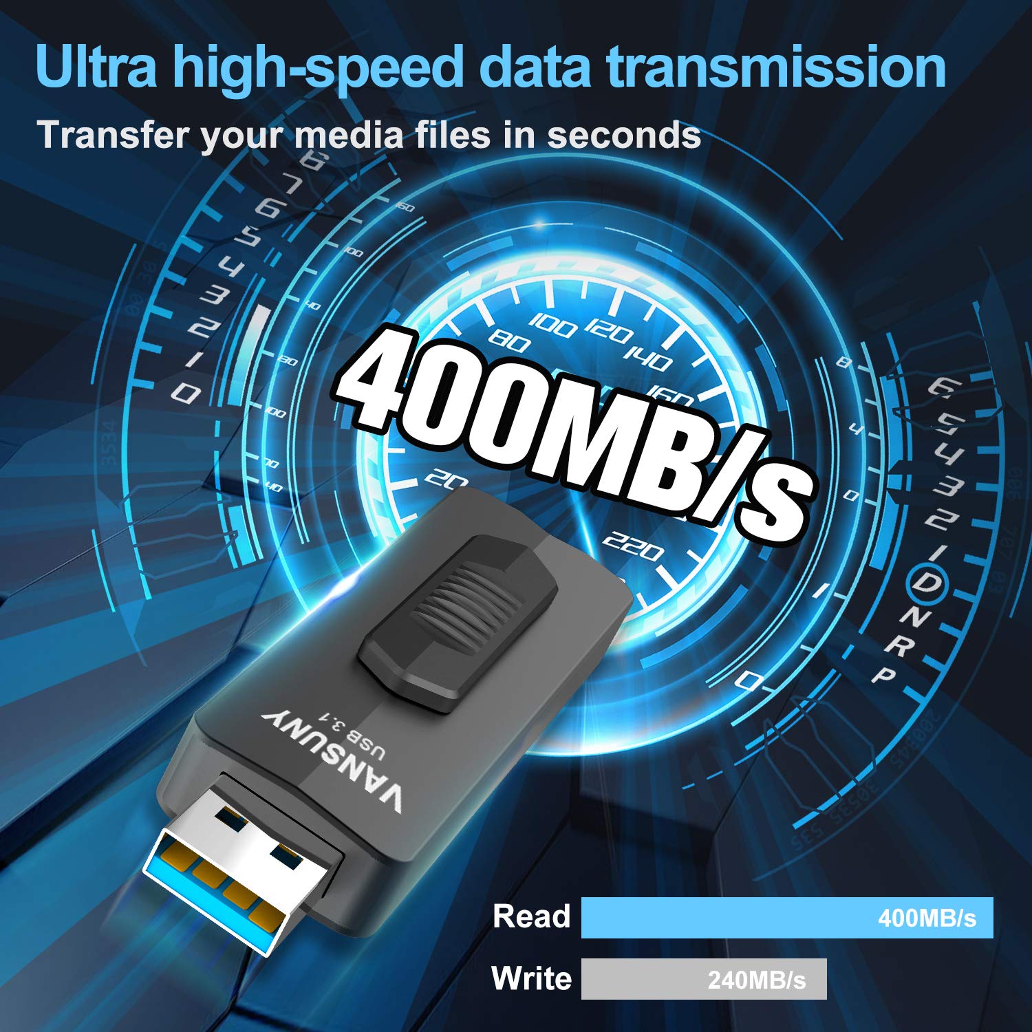 Vansuny USB 3.1 Flash Drive 128GB, 400MB/s Super Speed Flash Drive, USB 3.1 Gen 2 Solid State USB Drive, Retractable Thumb Drive, Metal USB Memory Stick, Portable Jump Drive