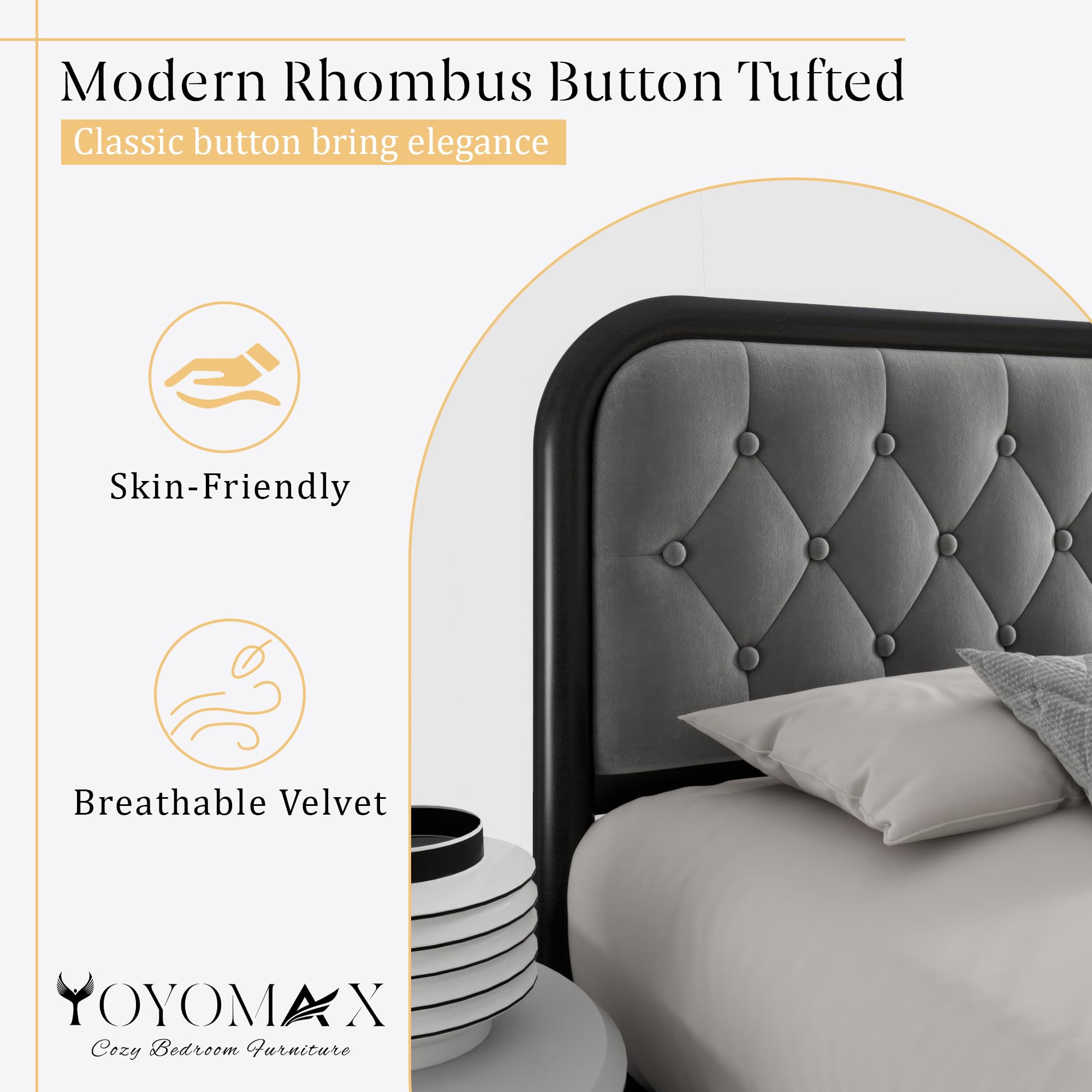 yoyomax King Size Bed Frame with Velvet Button Tufted Headboard, Heavy Duty Bed Frame Platform with Strong Metal Slats,12" Under-Bed Storage, Noise-Free & No Box Spring Need,Easy Assembly, Grey