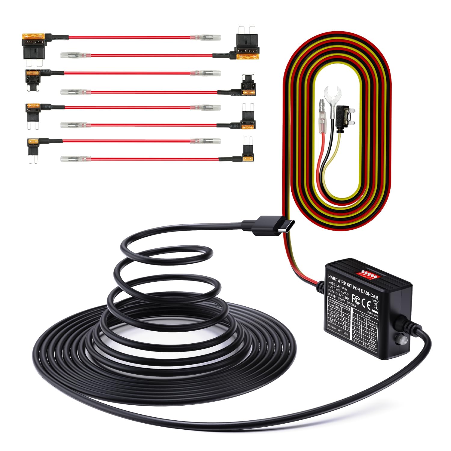 Vantrue 3-Lead Acc Hardwire Kit for Dash Cam, 5 Low Voltage Protection Options with Shifting Gear for Parking Mode, 14.8ft Type C USB 12V-24V to 5V with Fuse Holders for N4,N4 Pro,N5,S1P, E1,E2,E3,N2S