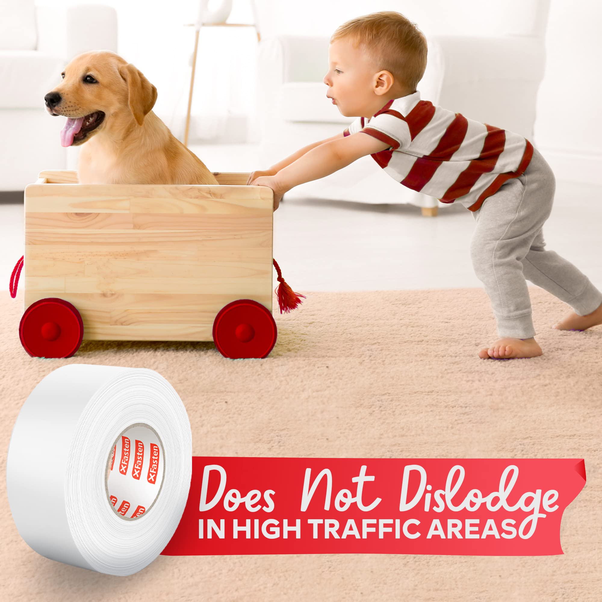 XFasten Carpet Tape Double Sided - Heavy Duty 2β x 20 yds Gentle on Surface Double Sided Carpet Tape for Area Rugs over Carpet for Hardwood Floors, Corner Rug Tape for Carpet to Carpet