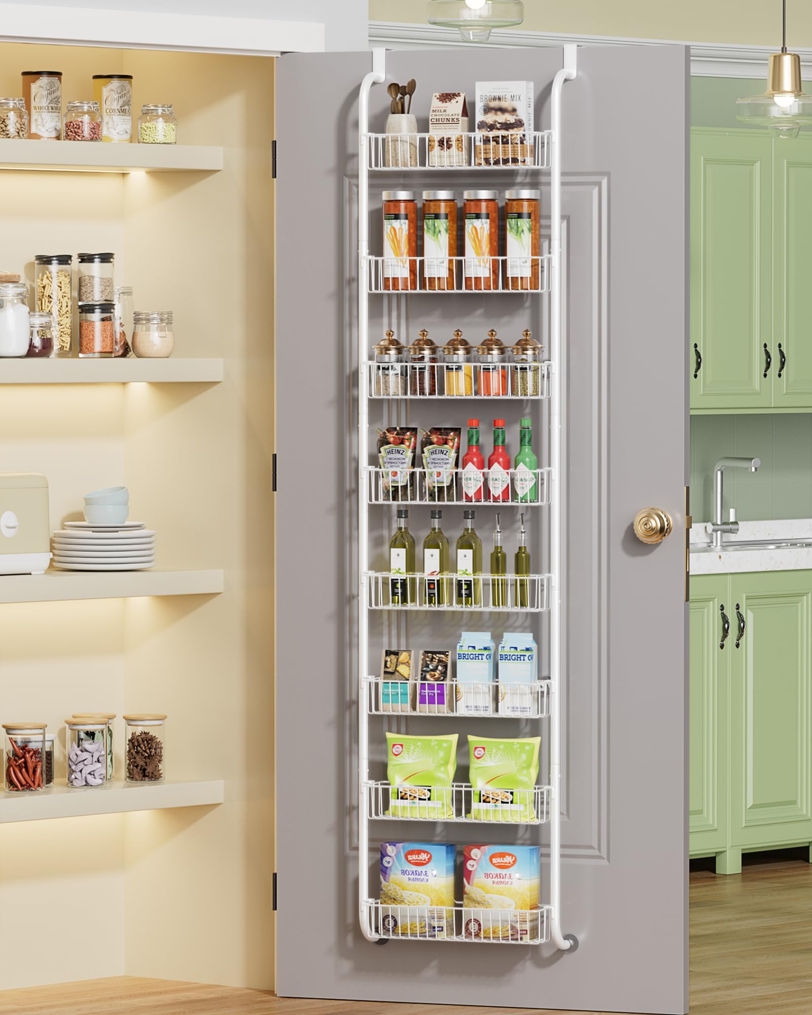 TIMEBAL Over the Door Pantry Organizer, 8-Tier Metal Hanging Rack with 8 Large Baskets, Rust Resistant, White