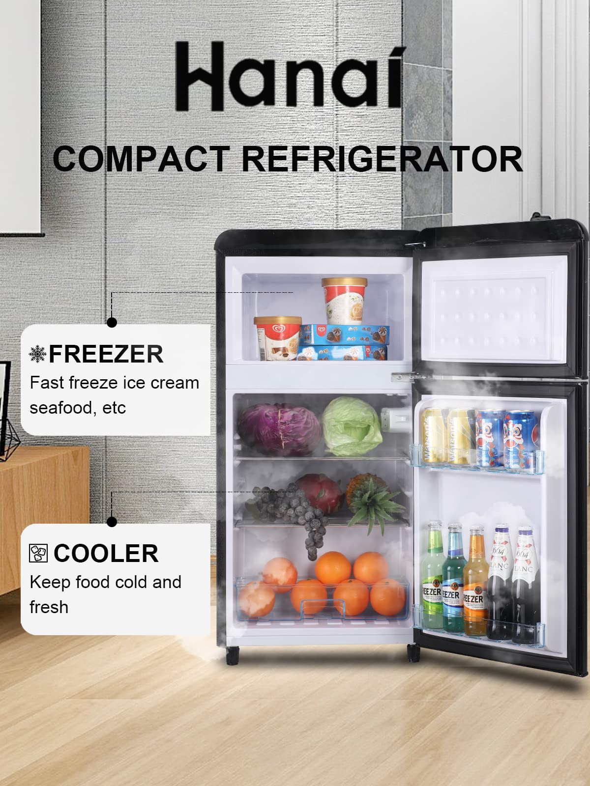 WANAI Compact Refrigerator 3.5 Cu.Ft Retro Black Fridge With Freezer 2 Door Mini Refrigerator with 7 TEMP Modes, LED Lights, Removable Shelves, Ideal for Apartment Dorm and Office, Black