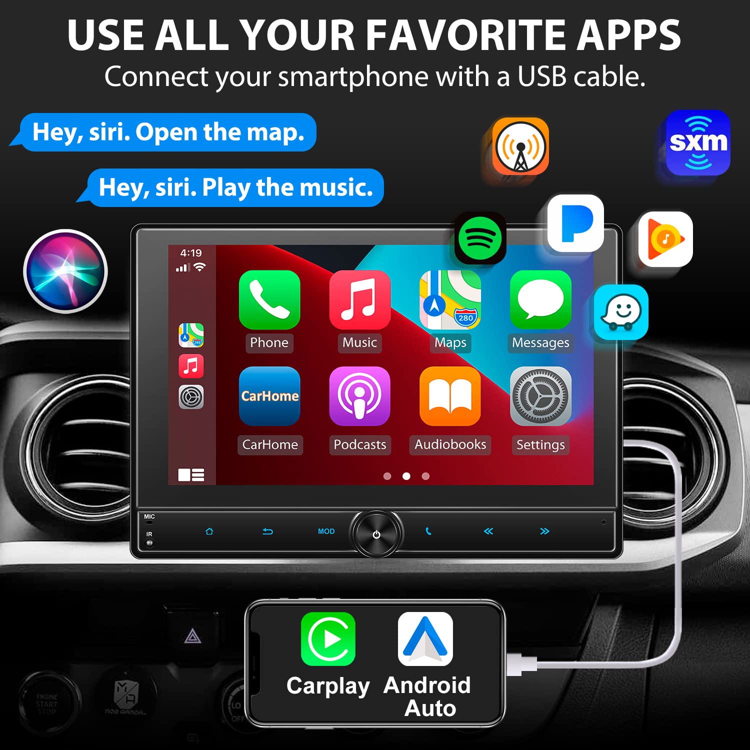 Westods Detachable and Adjustable 10.5" HD IPS Large Screen Single Din Car Stereo - CarPlay, Android Auto, Steering Wheel, Bluetooth, Subw, Mirror Link, FM/AM Car Radio, Backup Camera, USB/SD/AUX