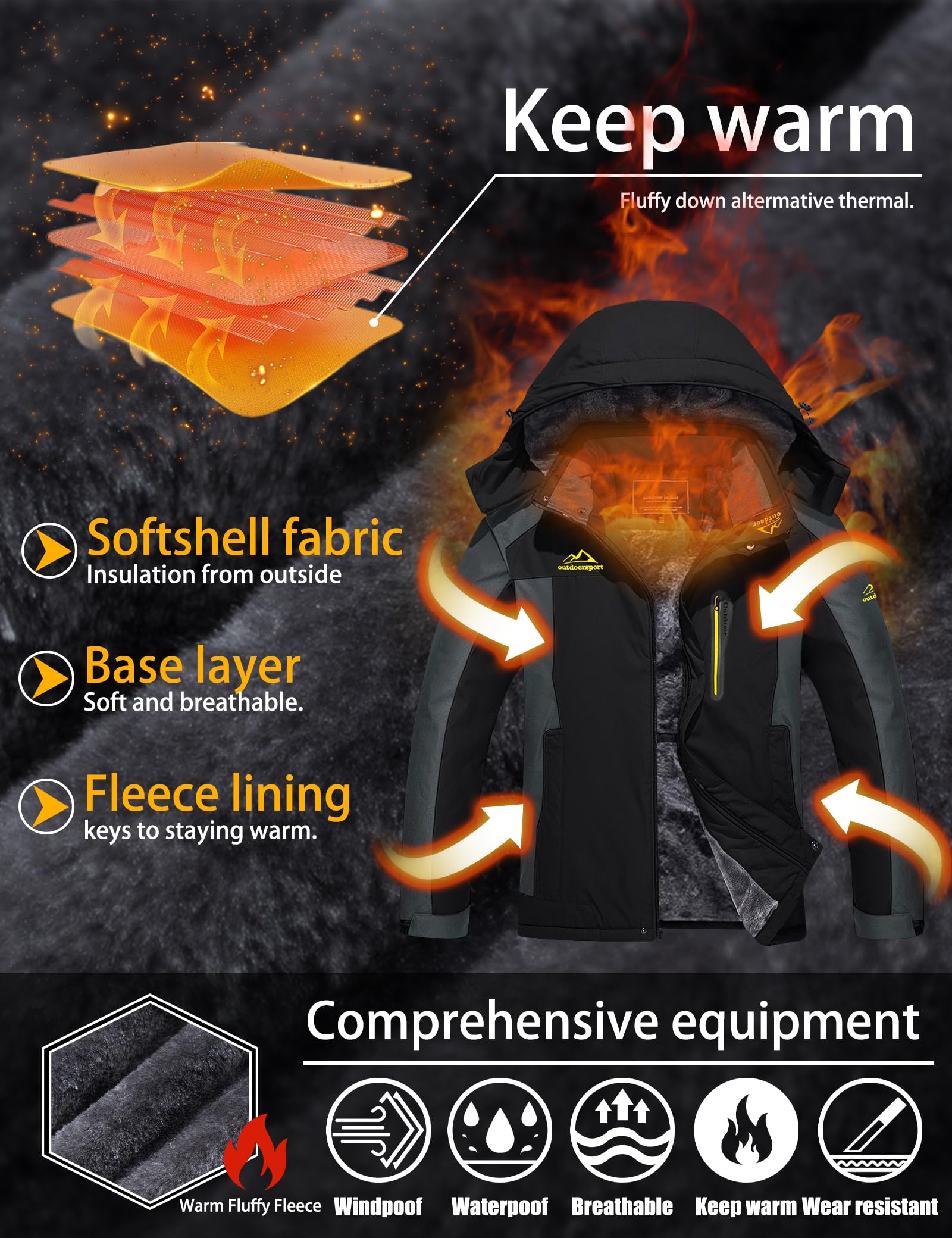 TACVASEN Mens Winter Jacket Waterproof Ski Jacket Men Snowboard Jacket Parka Jacket Men Softshell Jacket Black Gray XL