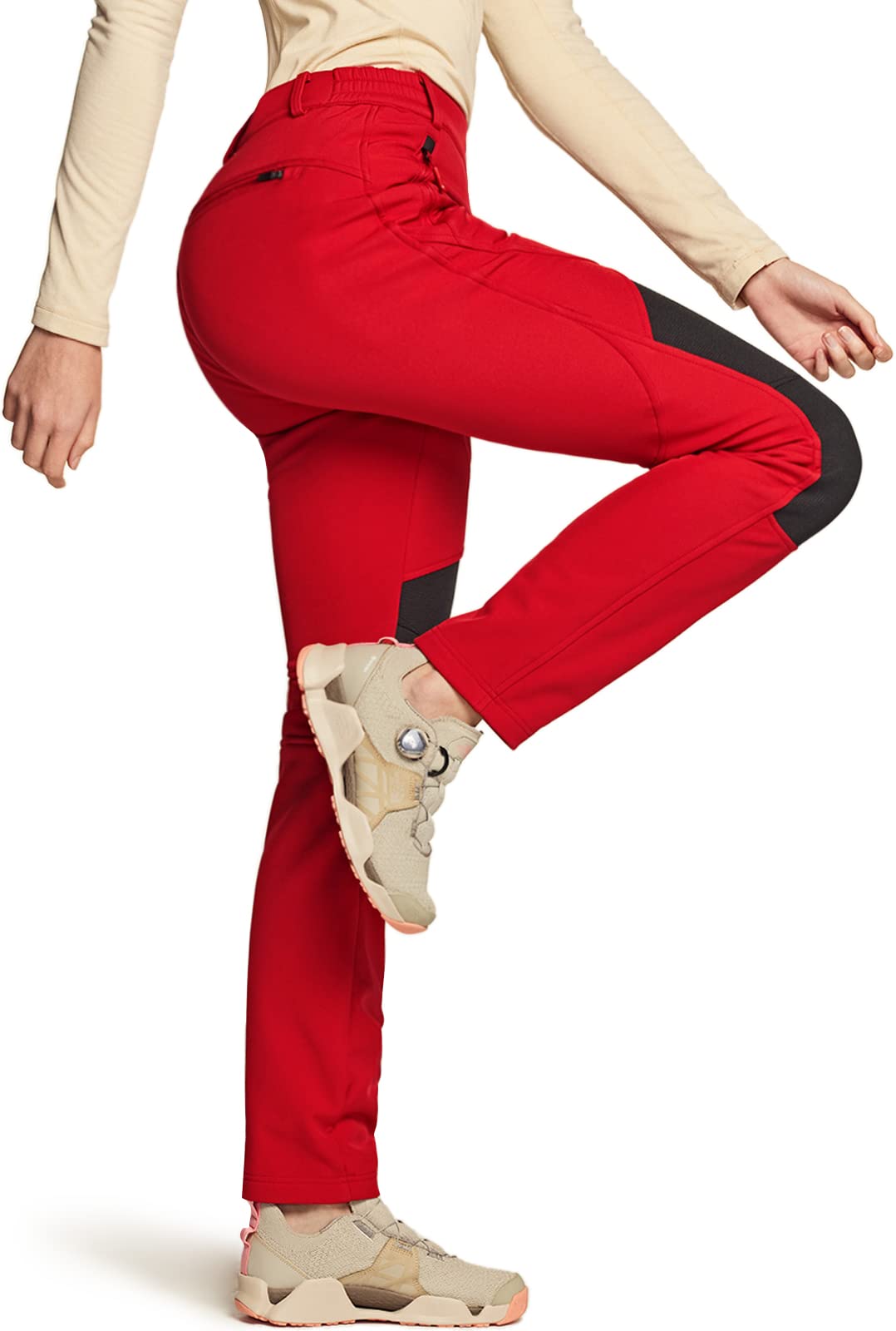 TSLA Women's Softshell Winter Snow Ski Pants, Fleece Lined Waterproof Hiking Pants, Insulated Work Outdoor Pants, 2-layer Reinforced Knee Red, Small