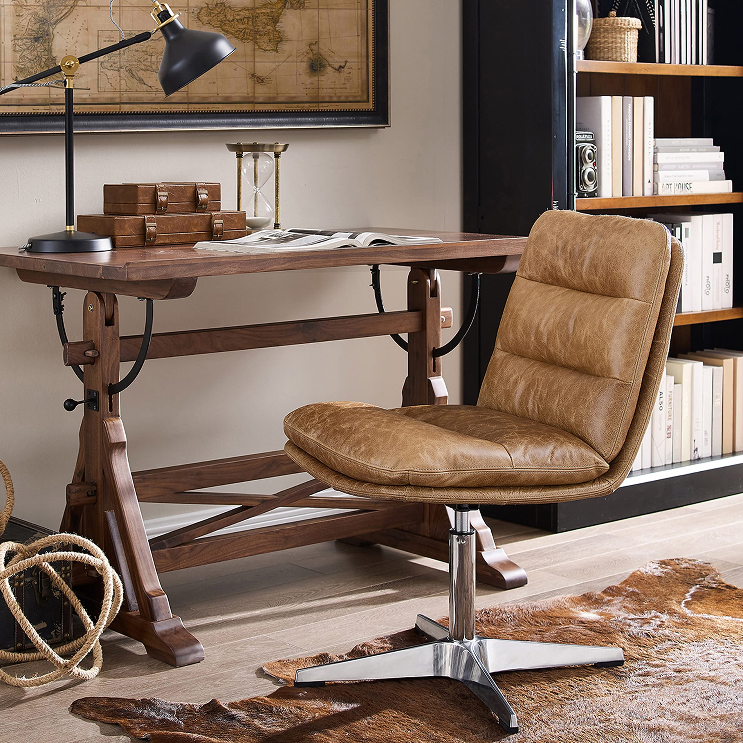 Volans Mid Century Modern Genuine Leather Swivel Home Office Desk Chair with Aluminum Alloy Base