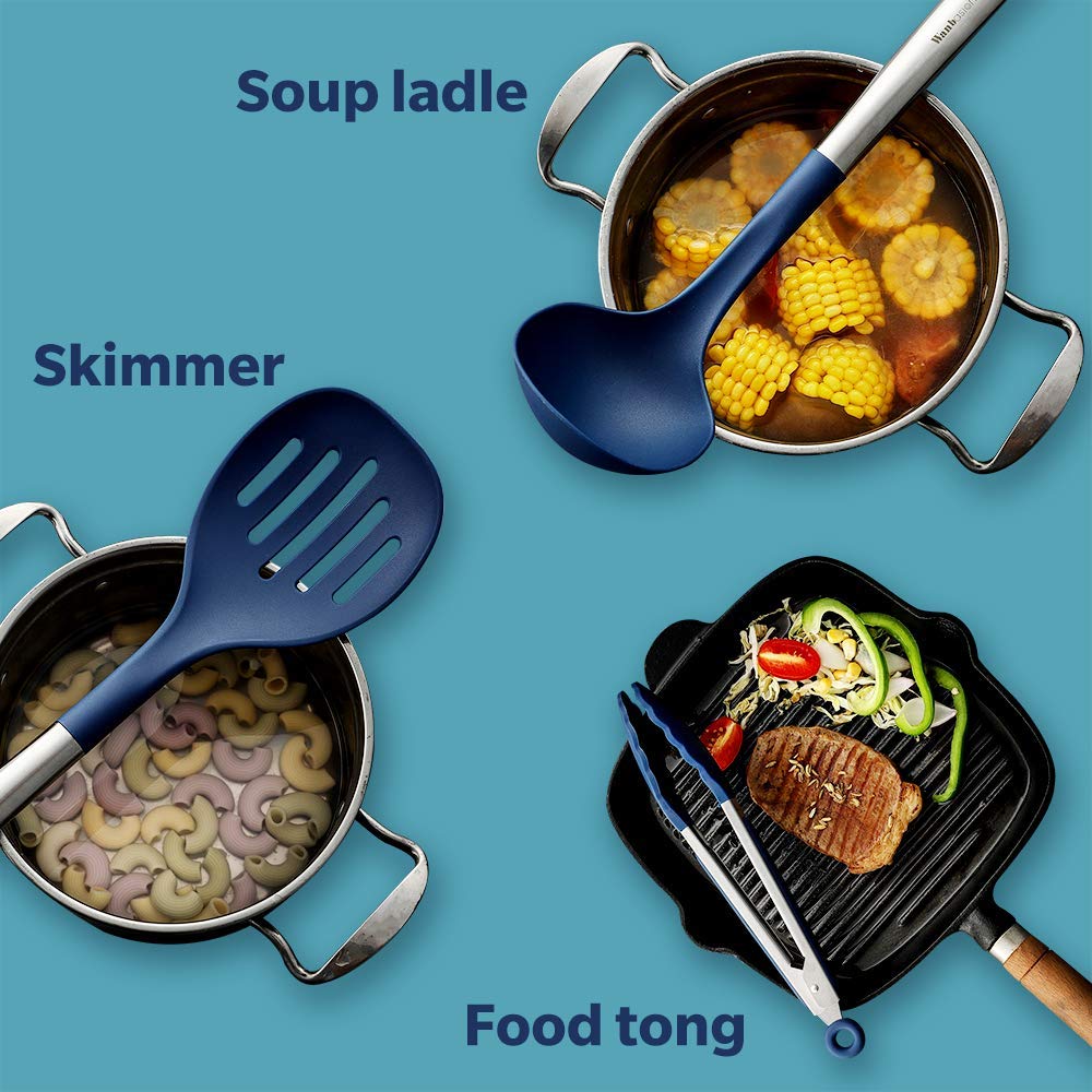 Wanbasion Large Navy Blue Kitchen Utensils Set Stainless Steel, Heat Resistant Kitchen Cooking Utensils, Nylon Kitchen Cooking Utensils Set for Nonstick Cookware
