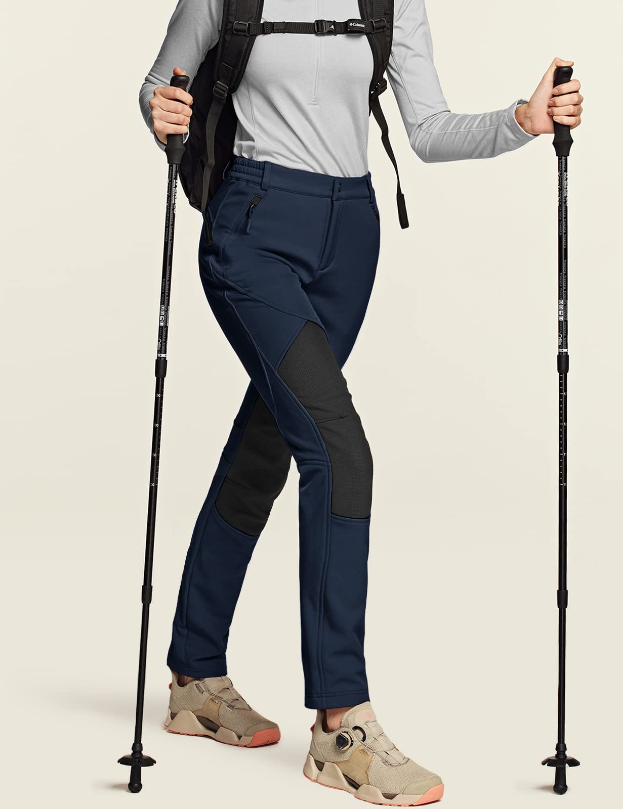 TSLA Women's Softshell Winter Snow Ski Pants, Fleece Lined Waterproof Hiking Pants, Insulated Work Outdoor Pants, 2-layer Reinforced Knee Navy, Large