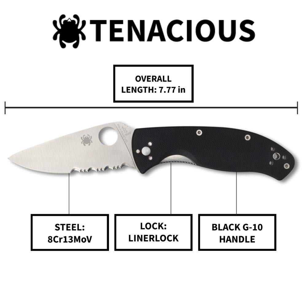 Spyderco Tenacious Folding Utility Pocket Knife with 3.39" Stainless Steel Blade and Durable Non-Slip G-10 Handle - Everyday Carry - CombinationEdge - C122GPS