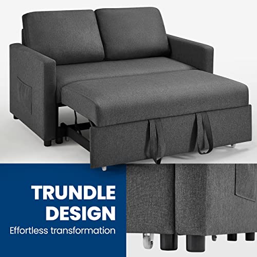 Yaheetech Convertible Sofa Bed Trundle Loveseat w/Pull-Out Trundle Bed Sleeper Sofa Convertible Couch for Limited Spaces Living Room Bedroom Guest Room Dark Gray 55.5 in