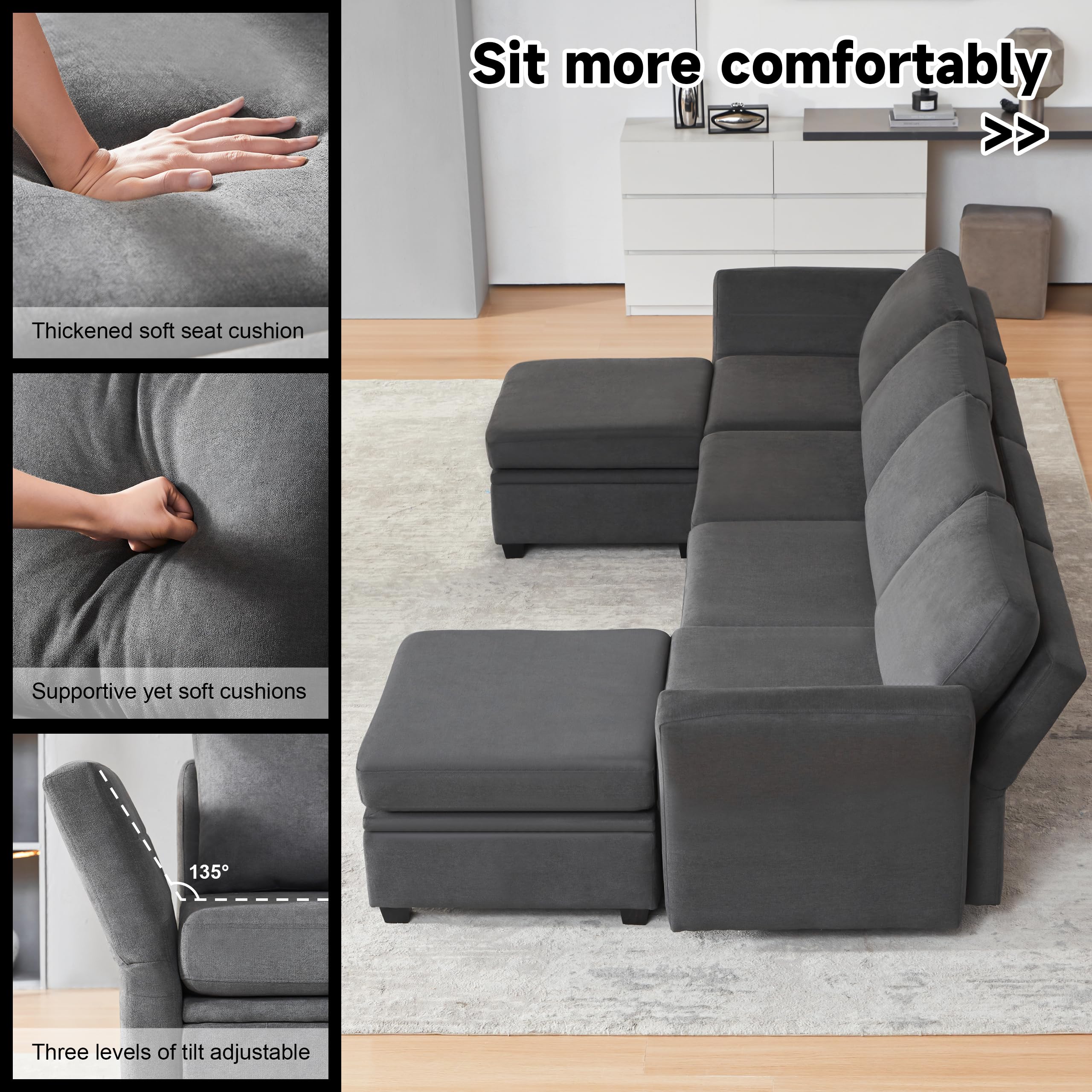 WETRUE Modular Sectional Sofa, Convertible U Shaped Sofa Couch with Storage, High Supportive & Soft Sponges, 6 Seat Modular Sectionals Sofa Couch with Chaise for Living Room, Dark Grey