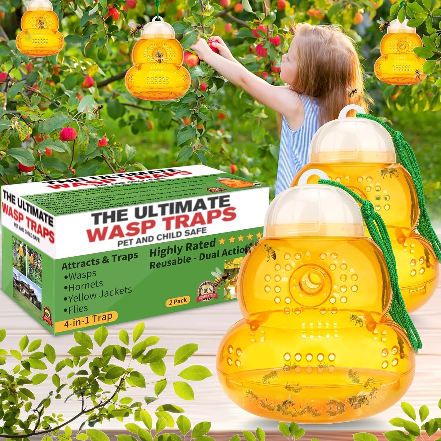 Wasp Trap Bee Traps Catcher, Wasp Trap Outdoor Hanging, Wasp Repellent Trap Deterrent Killer Hornet Fly Insect Catcher, Non-Toxic Reusable Yellow Jacket Trap Hanging - Orange, 2 Pack
