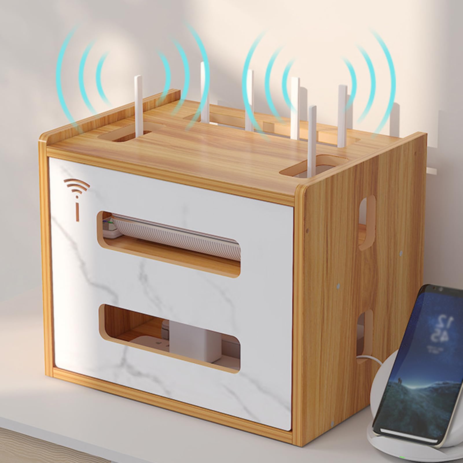WiFi Router Desktop Storage Box,Power Router Fences Standing Shelf Units,Wooden Cable Management Hider Box Router Storage Racks for Desktop Office and Home,A