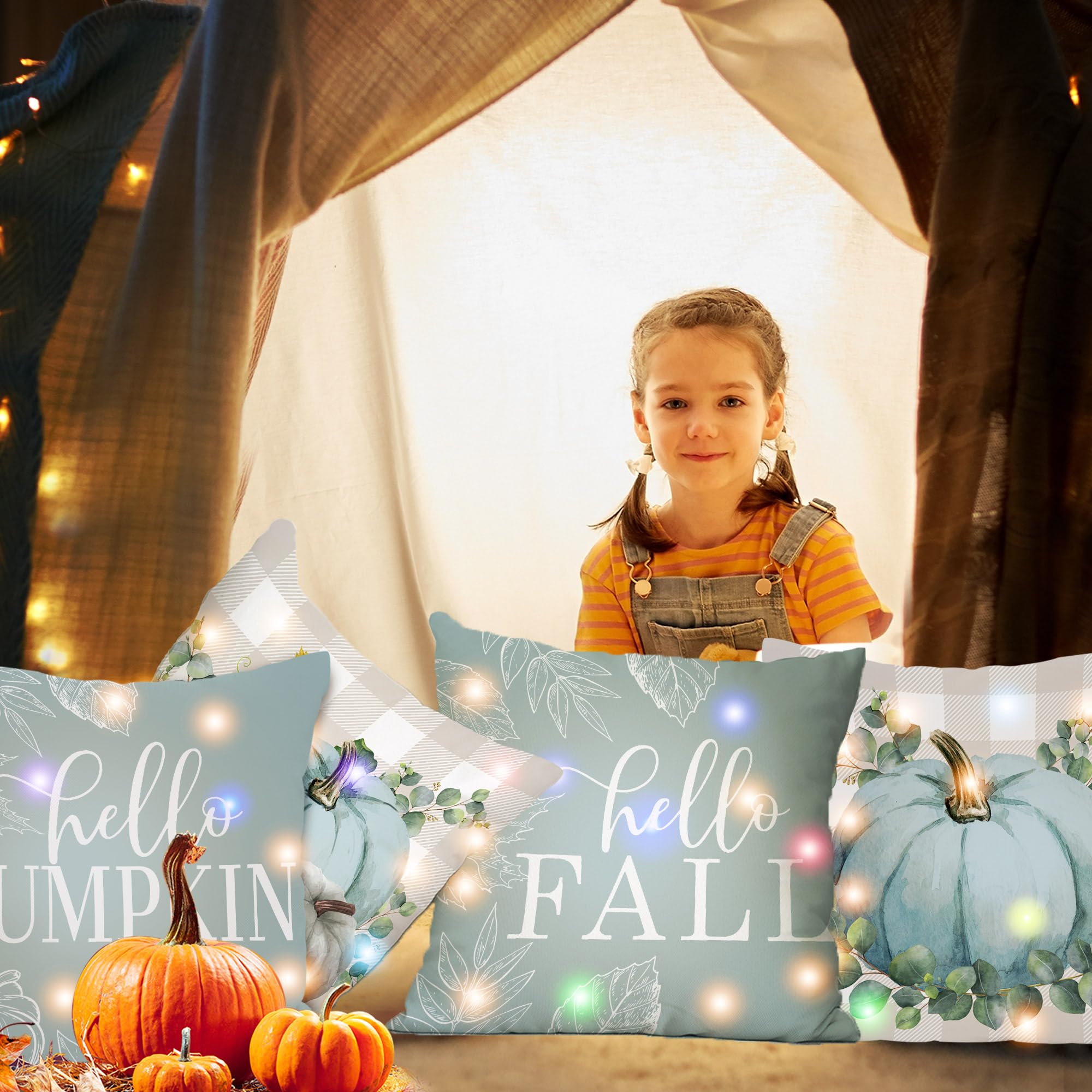 Thanksgiving Decorations Lighted Blue Pumpkin Thanksgiving Fall Pillow Covers 18x18, LED Blue Fall Decor Light up, Farmhouse Decorative Pillow Cover Set 4, Home Decor for Indoor Couch (Aqua/Teal)