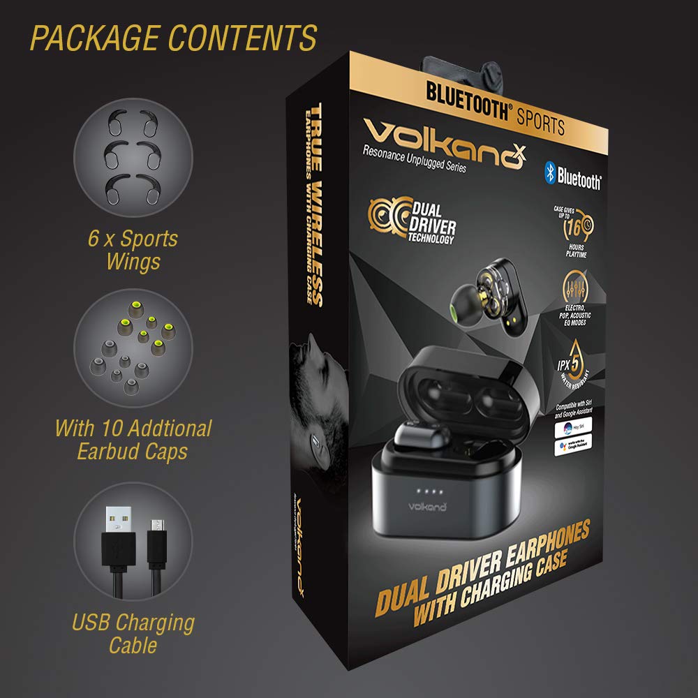 Volkano X Dual Dynamic Drivers Wireless Earbuds, IPX5 Water-Resistant - Bluetooth Earbuds for Small Ear Canals, Charging Case - HiFi Stereo Sound - Resonance Unplugged Series [Black]