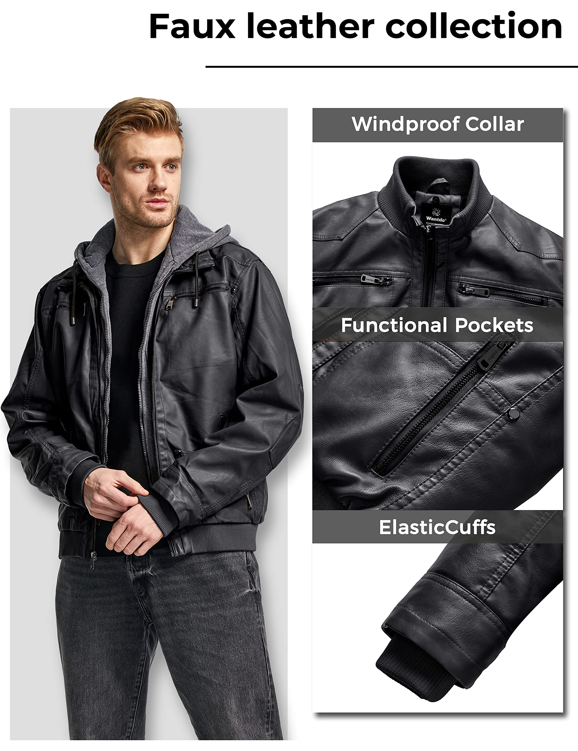wantdo Men's Motorcycle Leather Jacket Hooded Warm Winter Jacket Large Black(Thick)