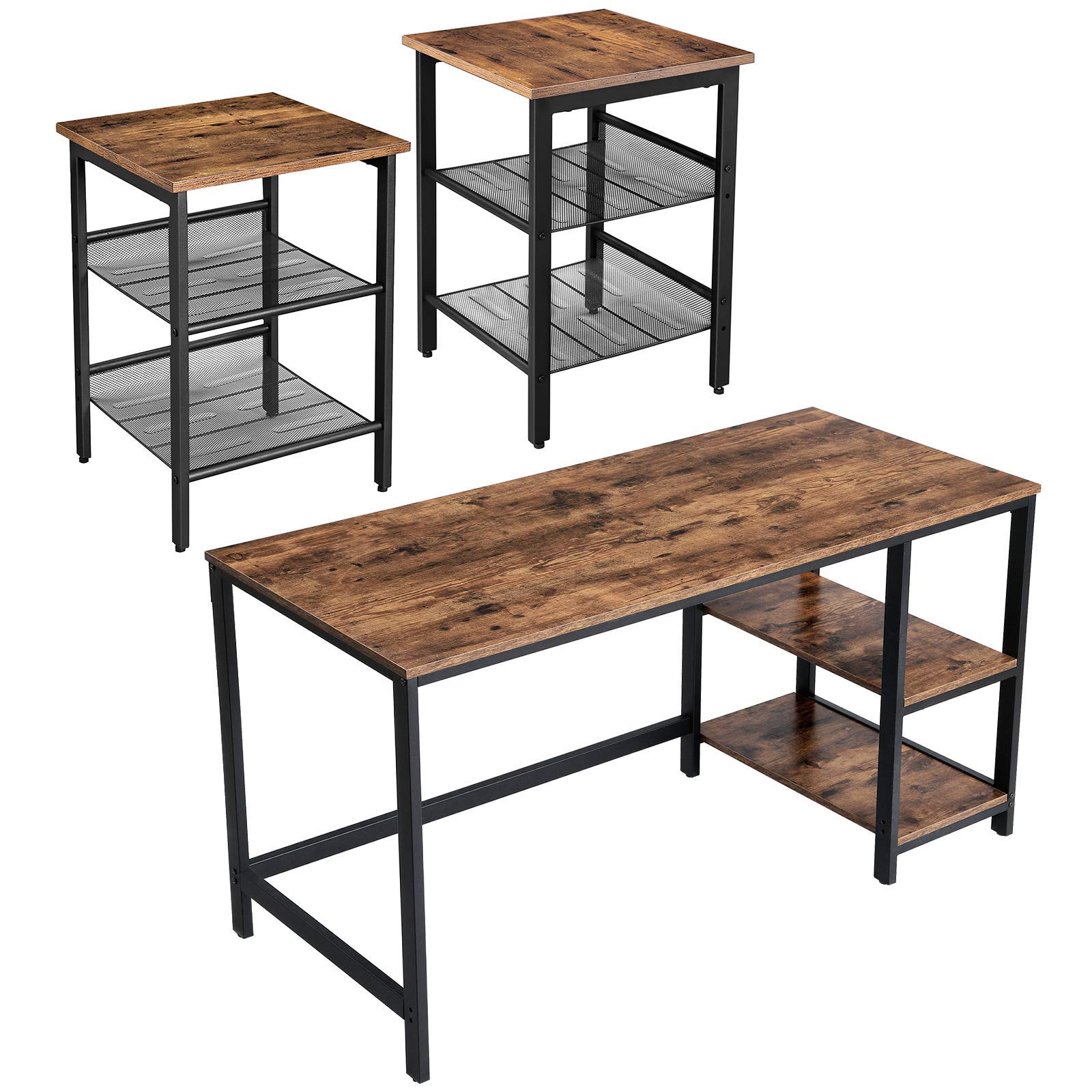 VASAGLE Computer Desk Bundle with Set of 2 Side Tables, Industrial Style Office Furniture Set with Stable Metal Frames, Shelving, Rustic Brown ULWD55X and ULET24X