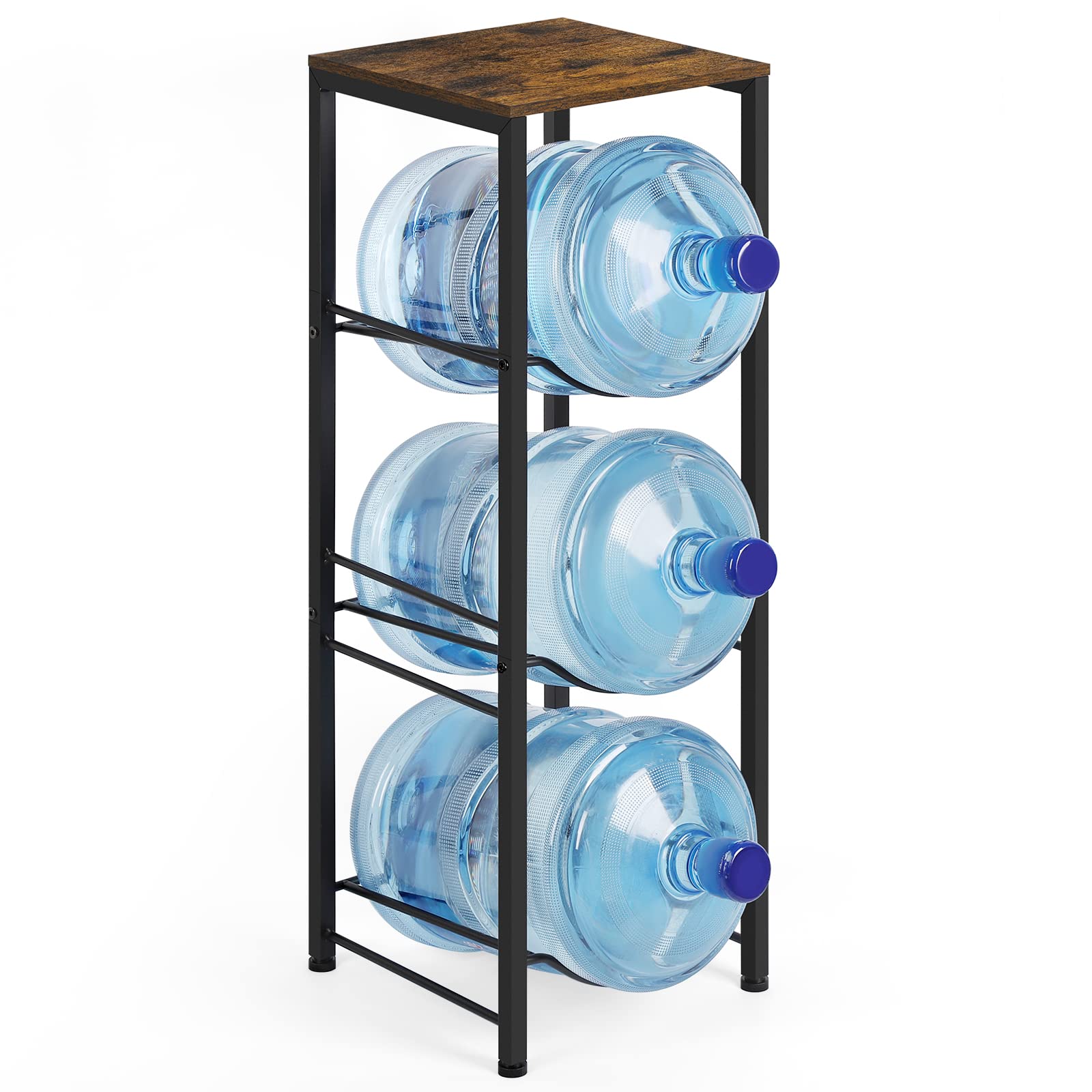 Water Bottle Holder 5 Gallon Water Cooler Jug Rack 3-Tiers Water Bottle Organizer with Storage Shelves for Kitchen Living Room Office, Rustic Brown