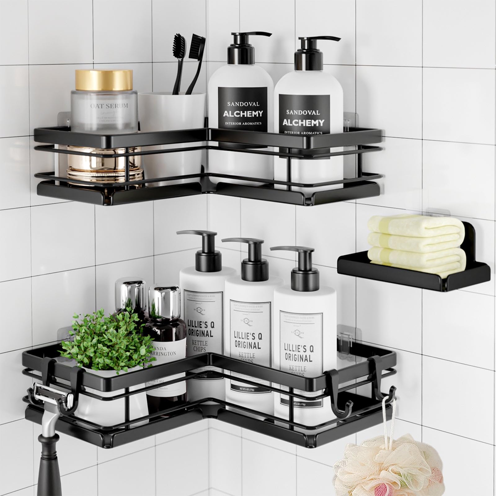 Sakugi Shower Caddy - 3 Piece Set, Corner Shower Shelves with Hooks & Soap Holder, Stainless Steel Shower Caddy for Corner, No Drilling Shower Shelf for Inside Shower, Shower Organizer, Black D
