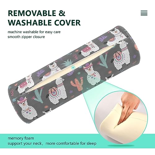 Vnurnrn Cartoon Llama Alpaca Neck Support Pillow Round Neck Roll Bolster Cylinder Pillow Cervical Pillows Knee Pillow for Leg Knee Back Head Support for Camp Study Work Men