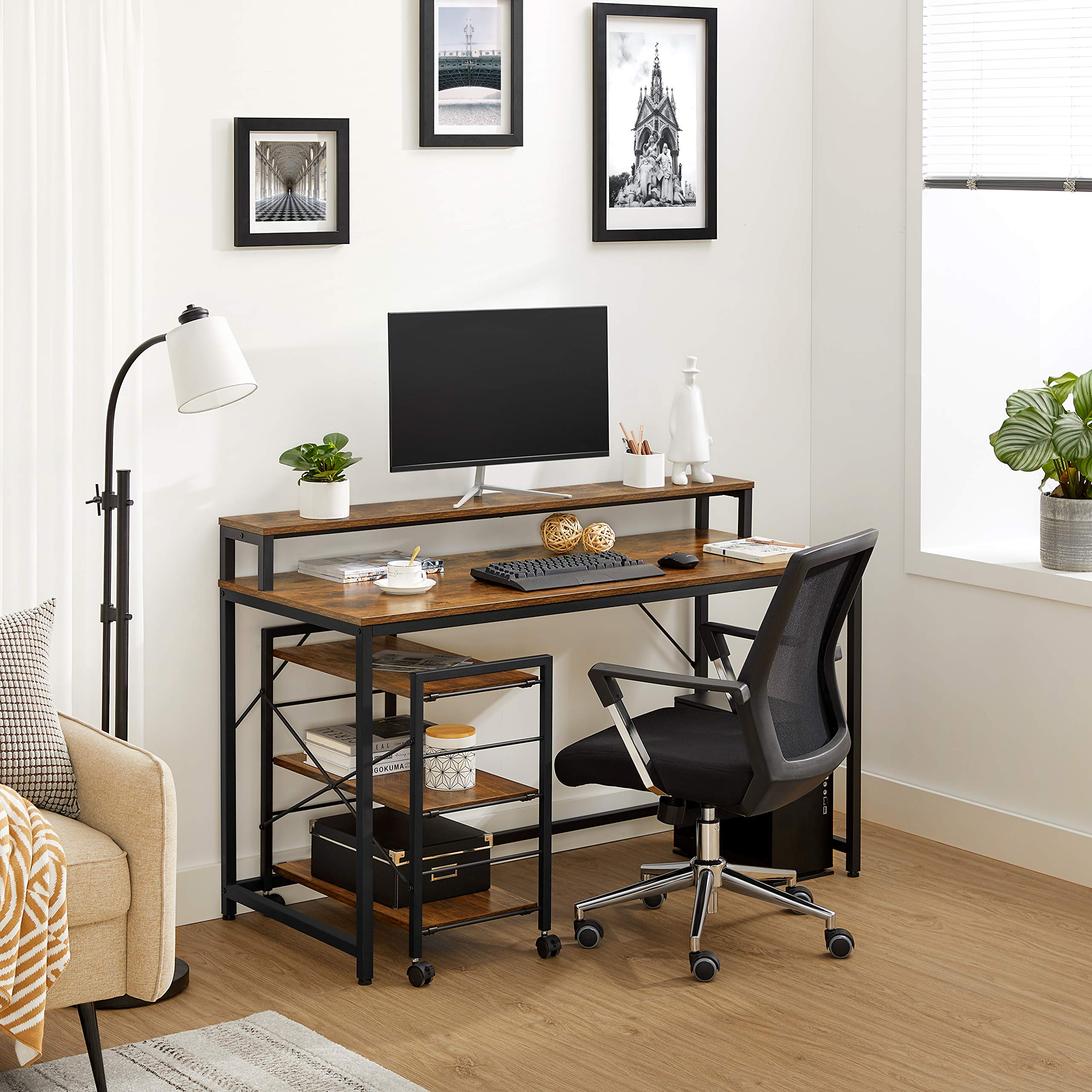 VASAGLE Computer Desk with Large Monitor Stand Rolling Cart, Writing Study Desk with Storage Shelves, Industrial, for Home Office, Rustic Brown and Black ULWD061B01