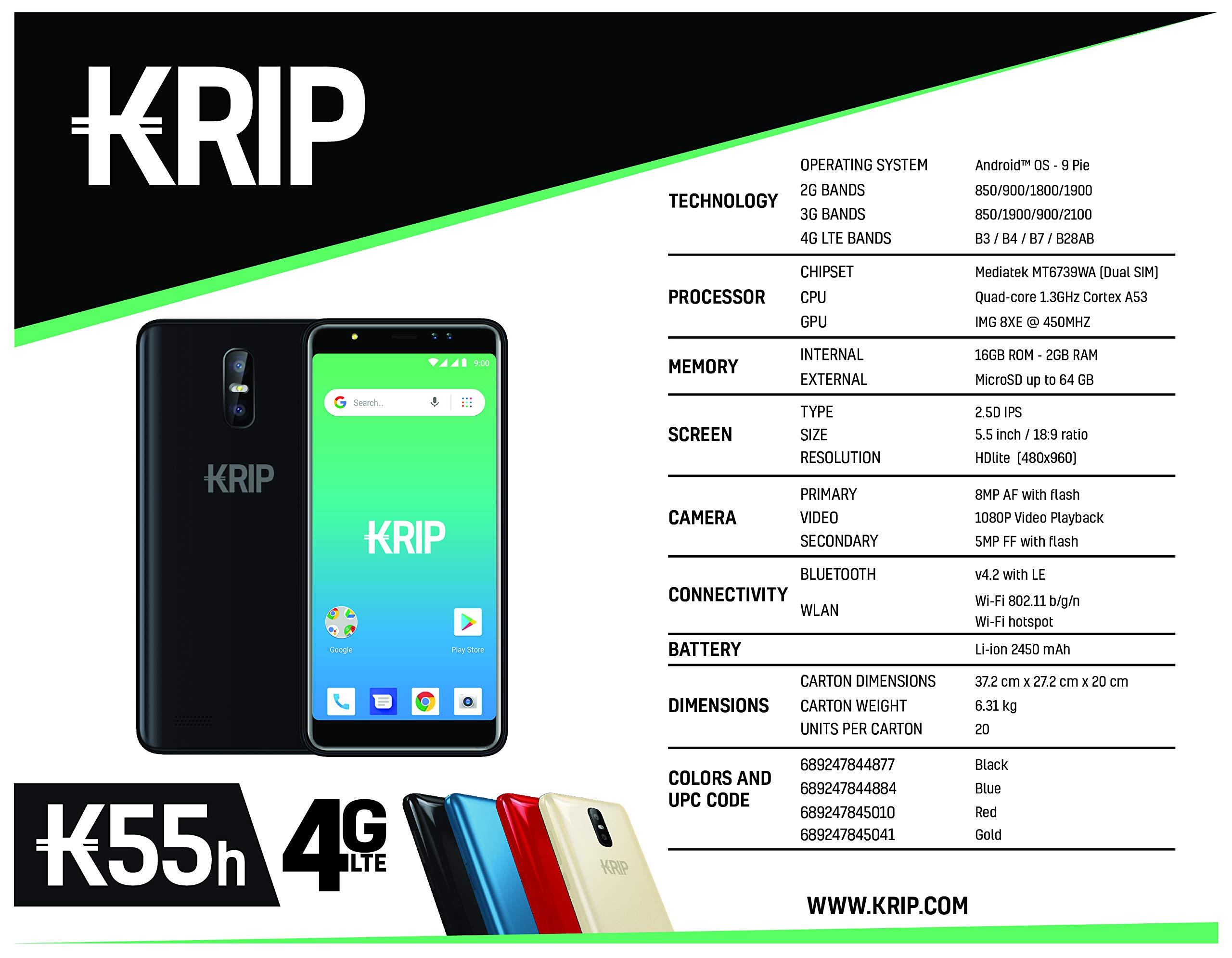 Unlocked Smartphone Android 0S 9-Pie - Mobile KRIP K55h 4GLTE- Screen 5.5"- Memory (16GB + 2GB) -Cell phone Camera (8MP AF +5MP FF )GSM Dual Sim + Case and Headset Included. Blue