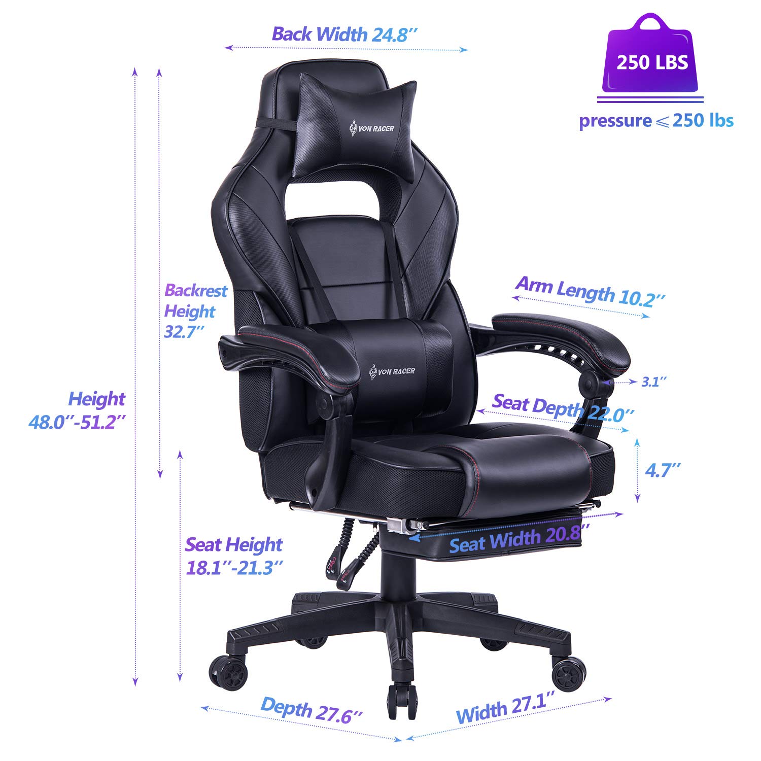 VON Racer Reclining Gaming Chair with Massager, Ergonomic High-Back Racing Computer Desk Office Chair Footrest Lumbar Cushion